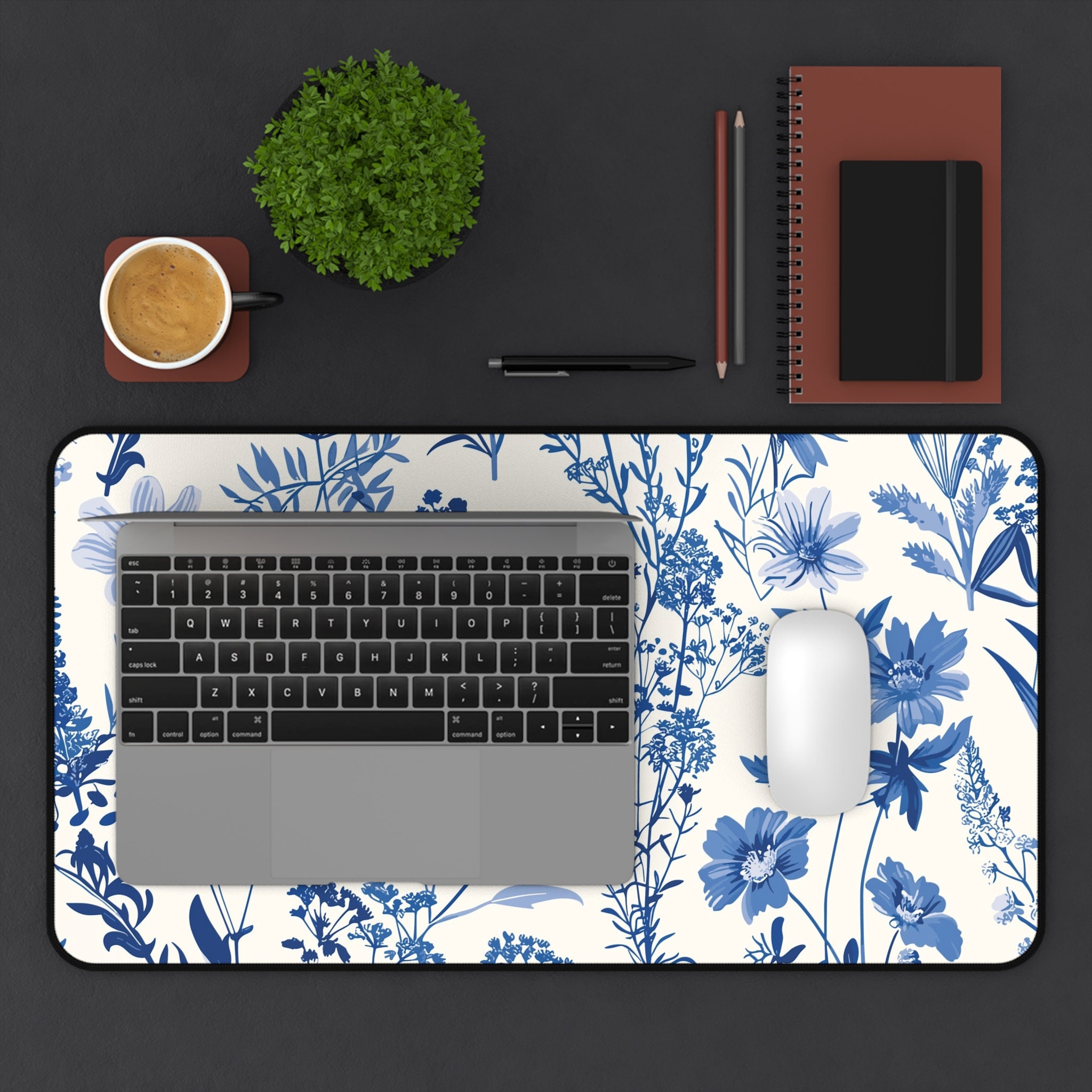 Blue Flowers Floral Toile Pattern Desk Mat Keyboard Mat Gaming Mousepad ...