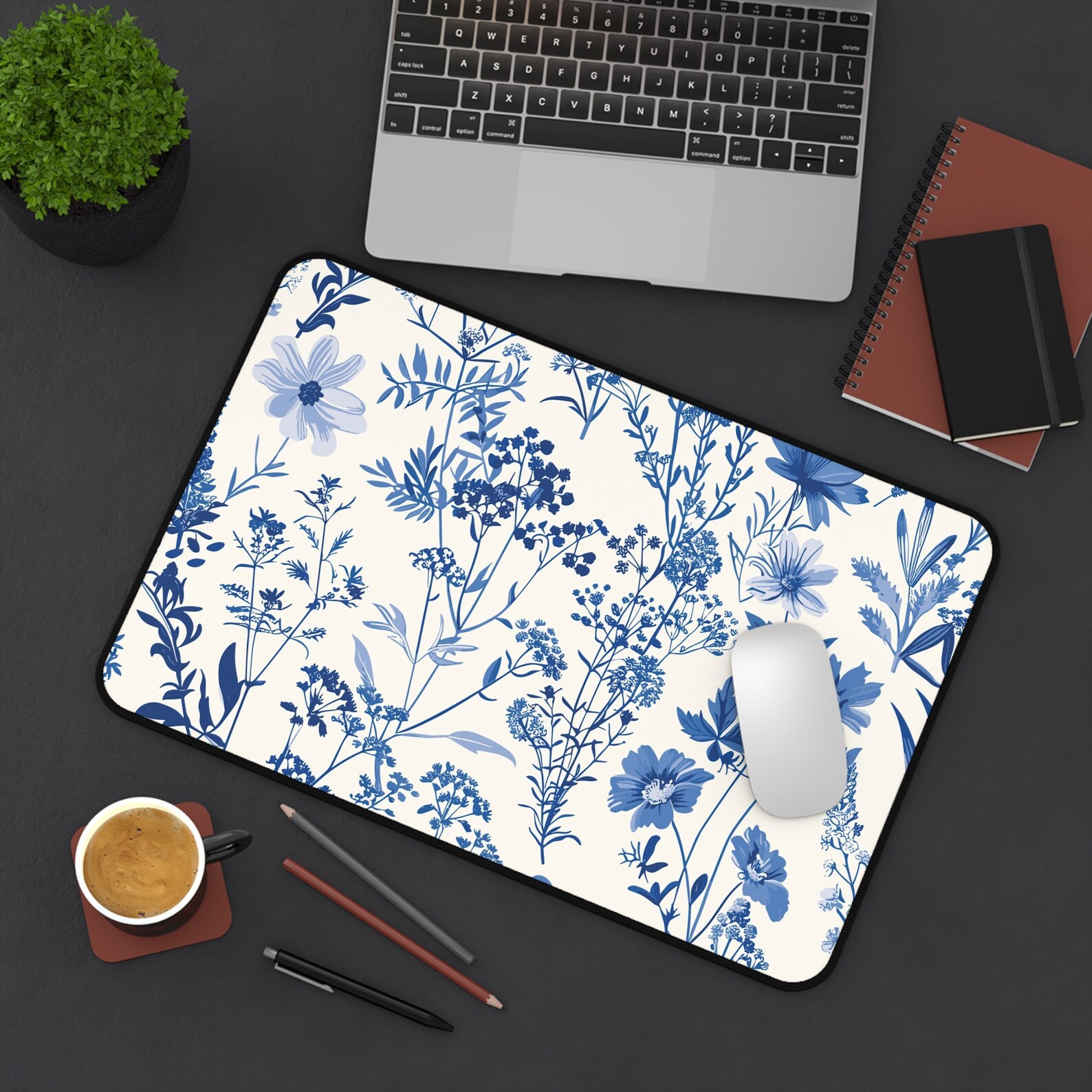 Blue Flowers Floral Toile Pattern Desk Mat Keyboard Mat Gaming Mousepad ...