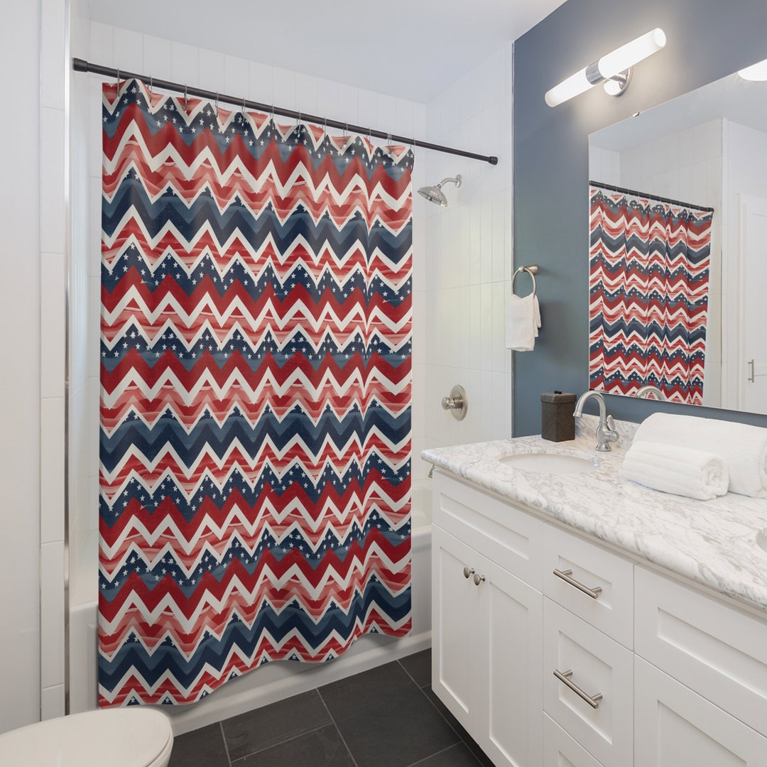 Retro Red White Blue Americana Chevron Pattern 71 X 74 Polyester Shower ...