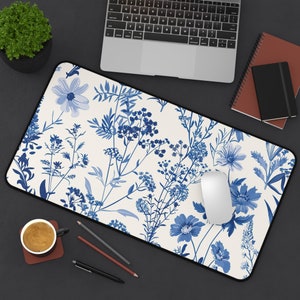 Blue Flowers Floral Toile Pattern Desk Mat Keyboard Mat Gaming Mousepad ...