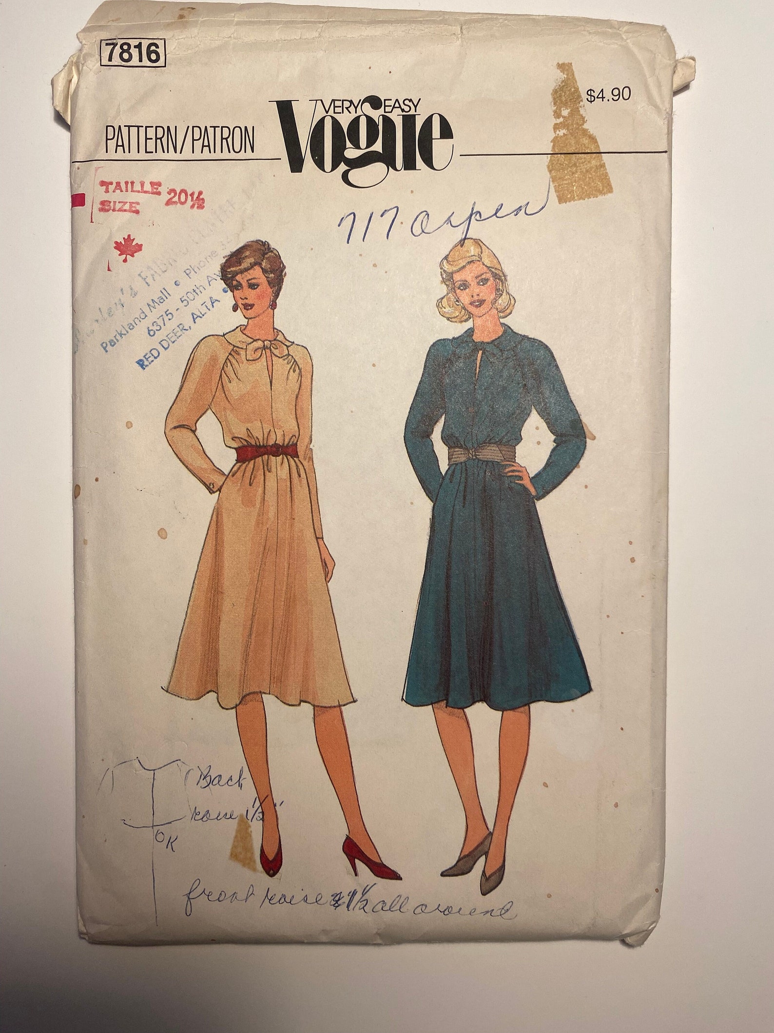 Vogue 7816 Vintage Dress Sewing Pattern Mid Length Long Sleeve With Bow ...