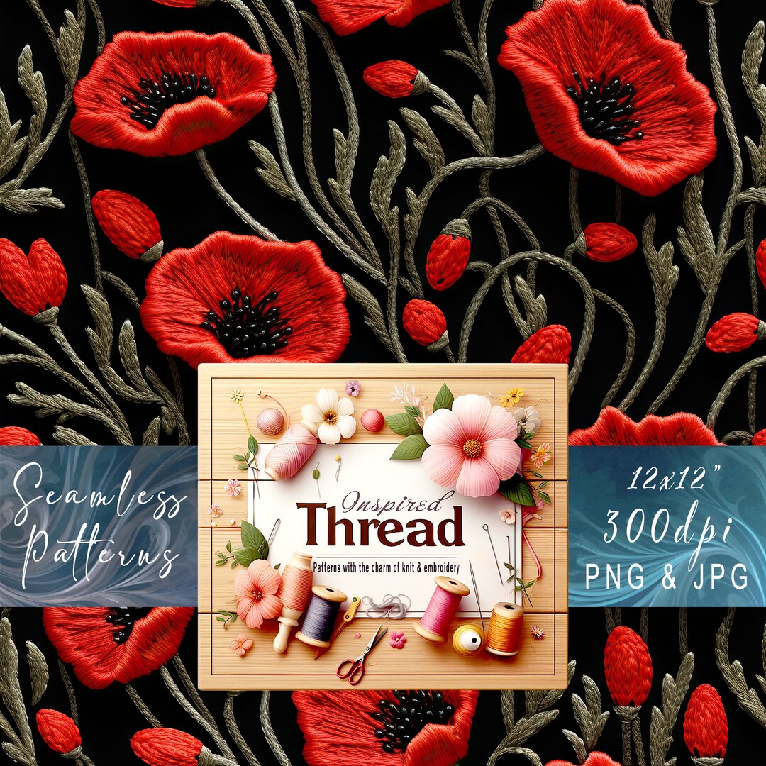 Red Poppy Embroidery Seamless Digital Pattern, Instant Download, Floral ...