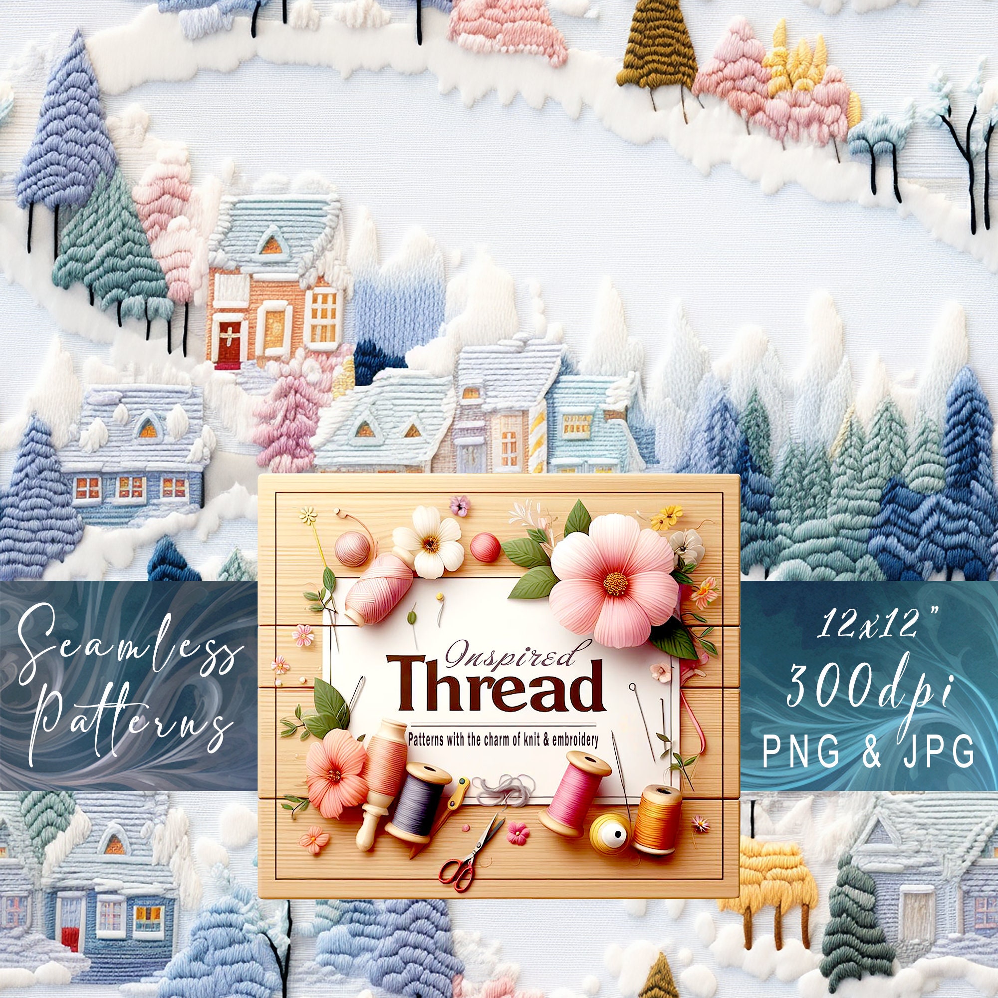 Snowy Holiday Village Seamless Pattern, Christmas Faux Embroidery ...