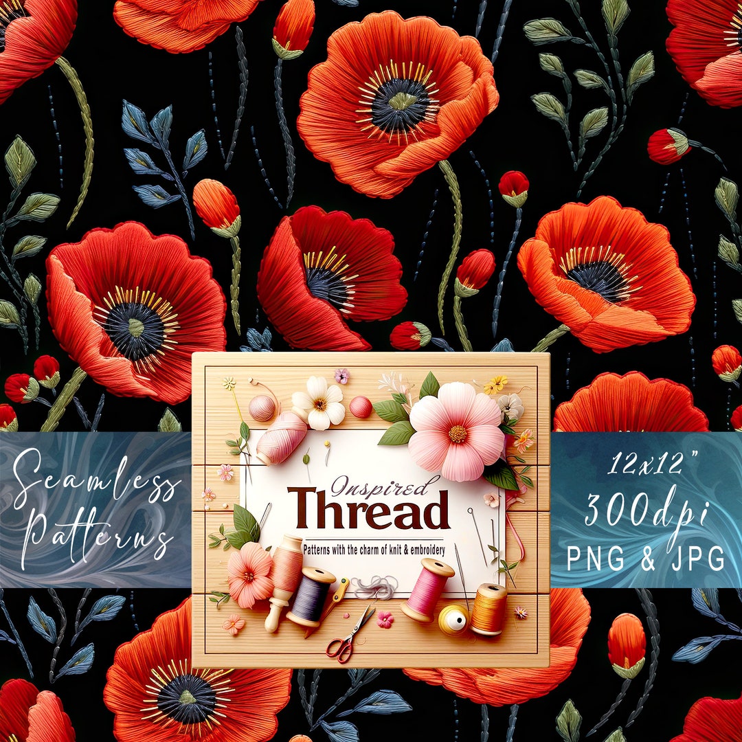 Red Poppy Embroidery Seamless Digital Pattern, Instant Download, Floral ...
