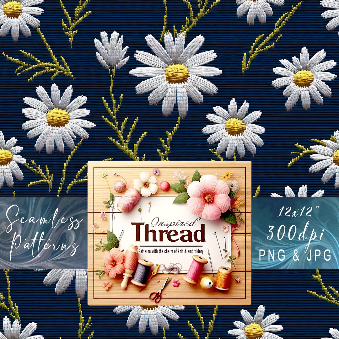 White Daisy Embroidery Seamless Digital Pattern, Instant Download ...