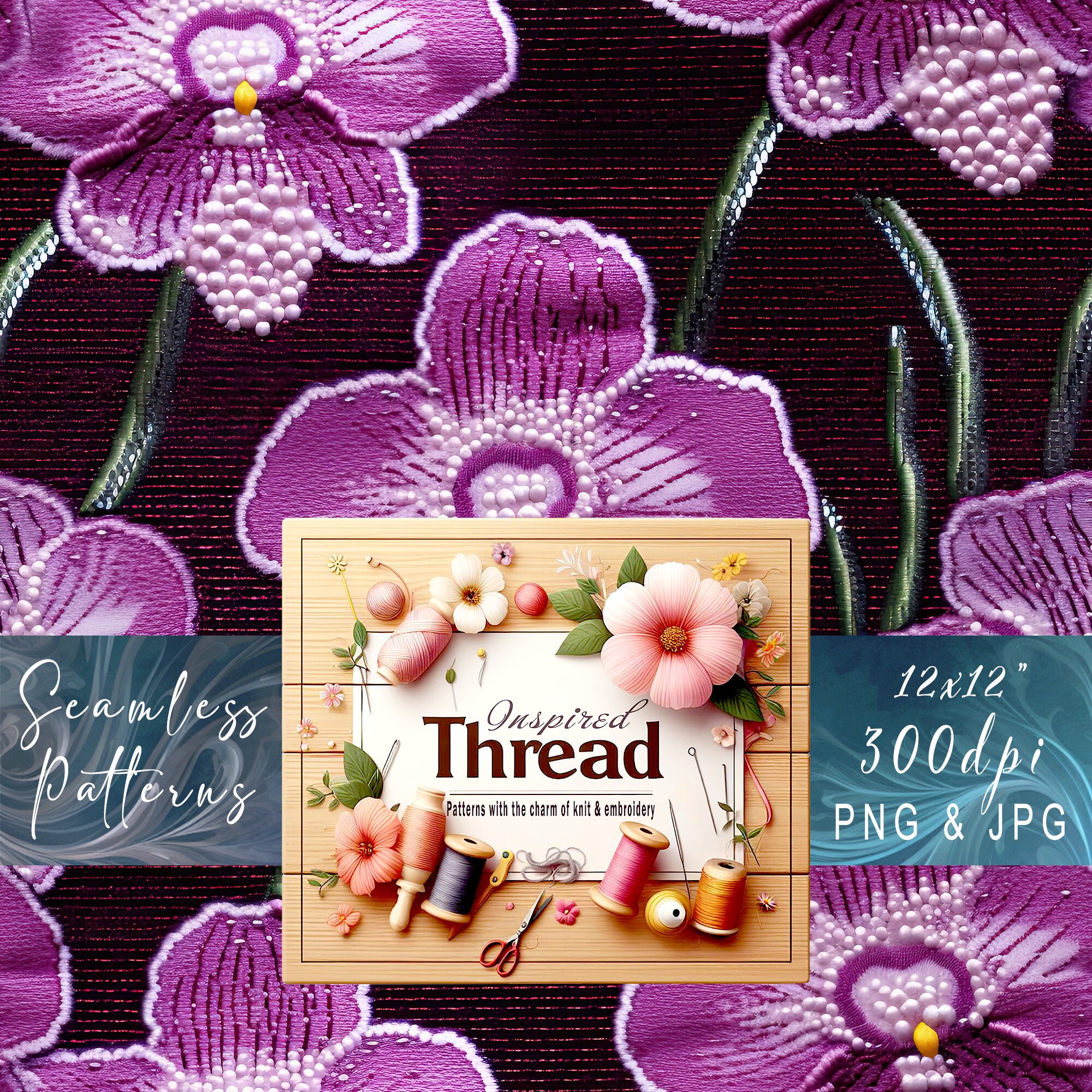 Purple Orchid Embroidery Seamless Digital Pattern, Instant Download ...