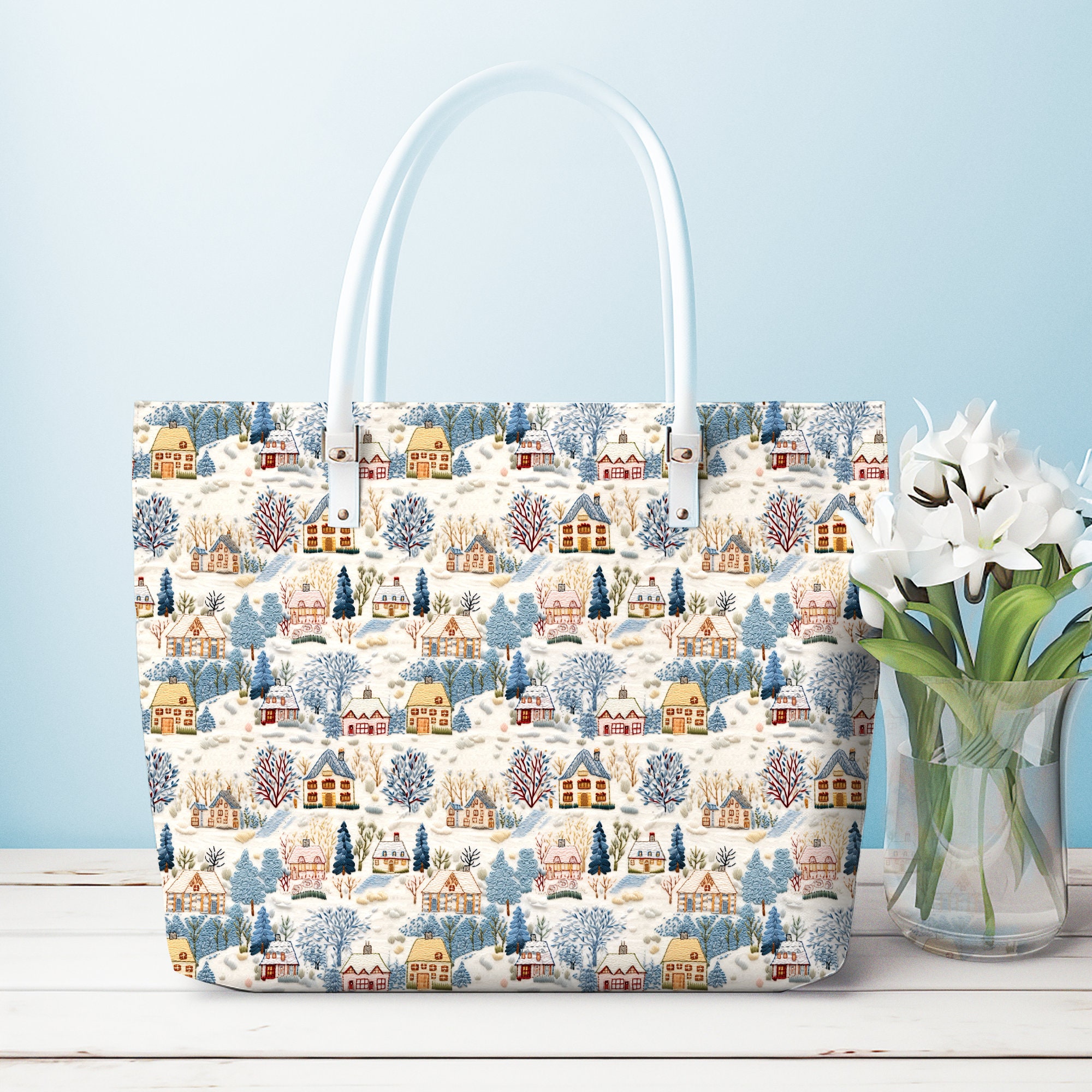 Winter Village Seamless Pattern, Christmas Faux Embroidery, Holiday ...