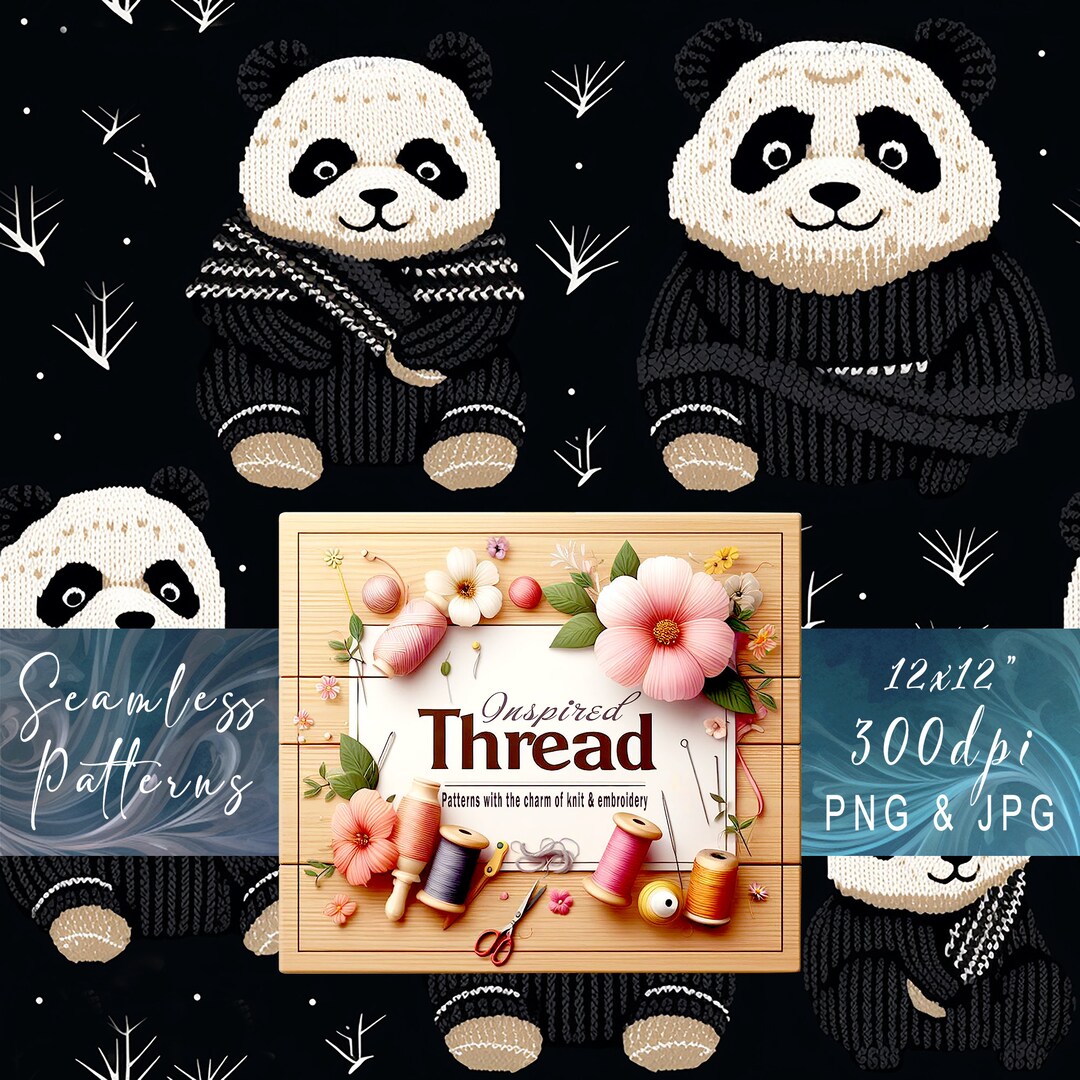 Instant Download, Panda Faux Embroidery, Seamless Pattern, Digital ...