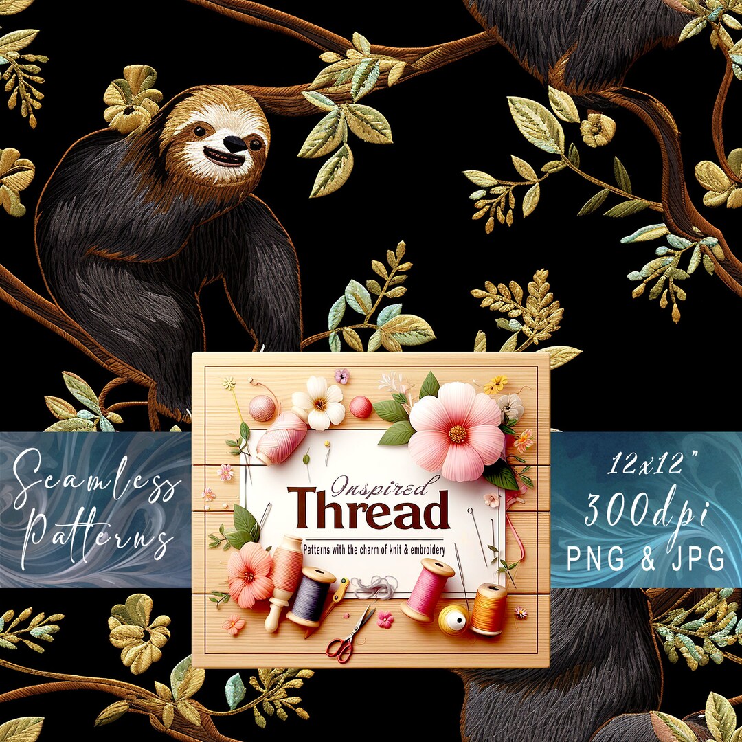 Instant Download, Sloth Faux Embroidery, Seamless Pattern, Digital ...