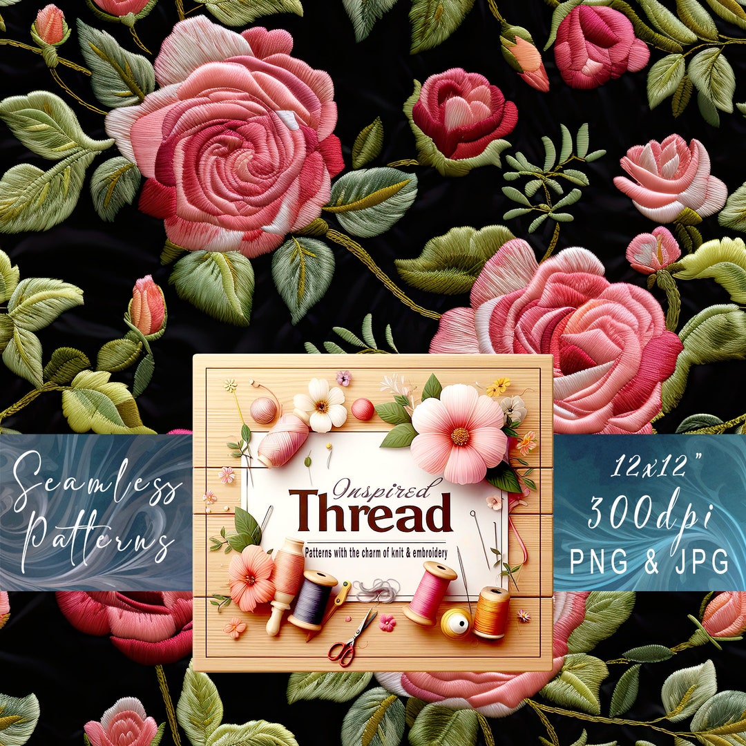 Pink Roses Embroidery Seamless Digital Pattern, Instant Download ...