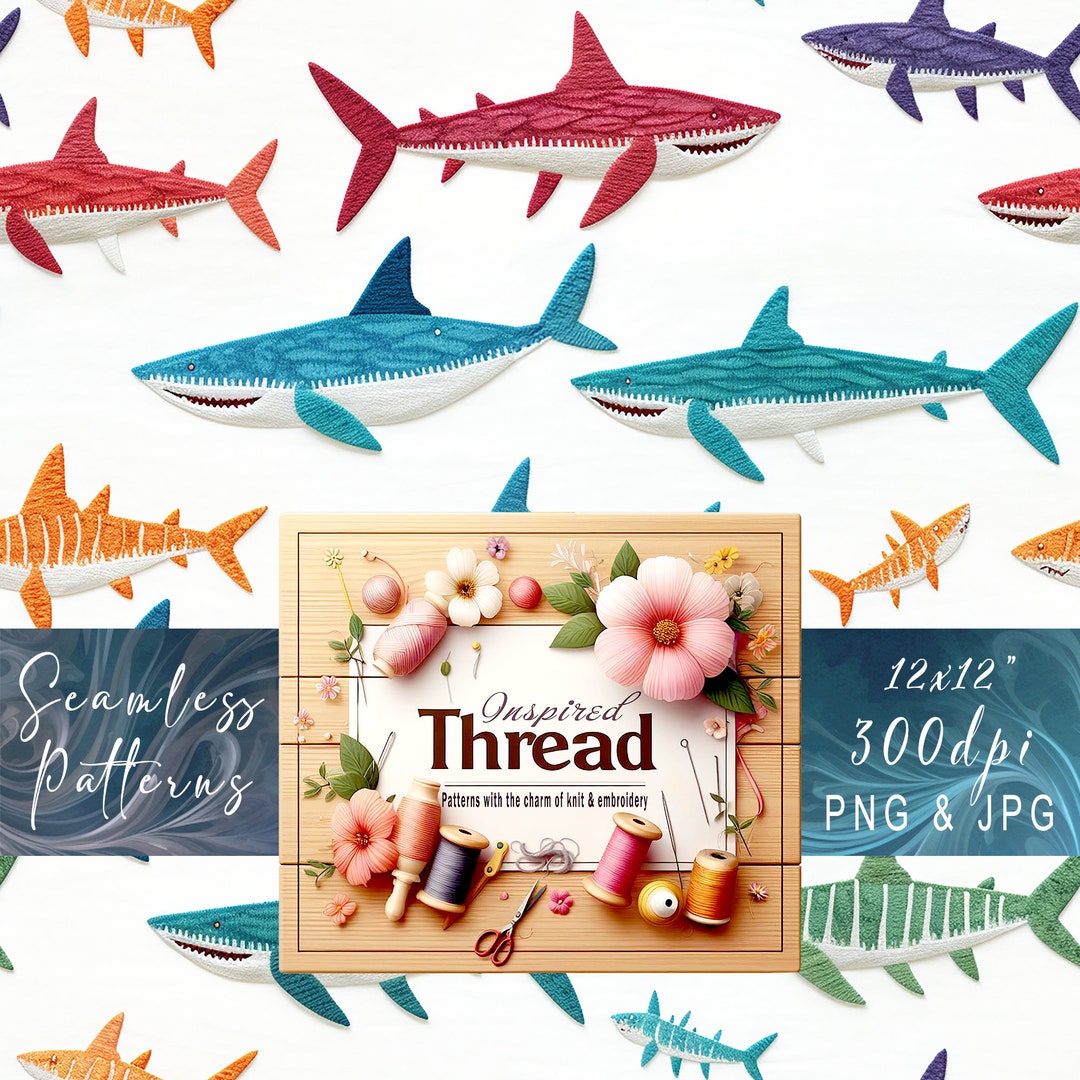 Instant Download, Shark Faux Embroidery, Seamless Pattern, Digital ...