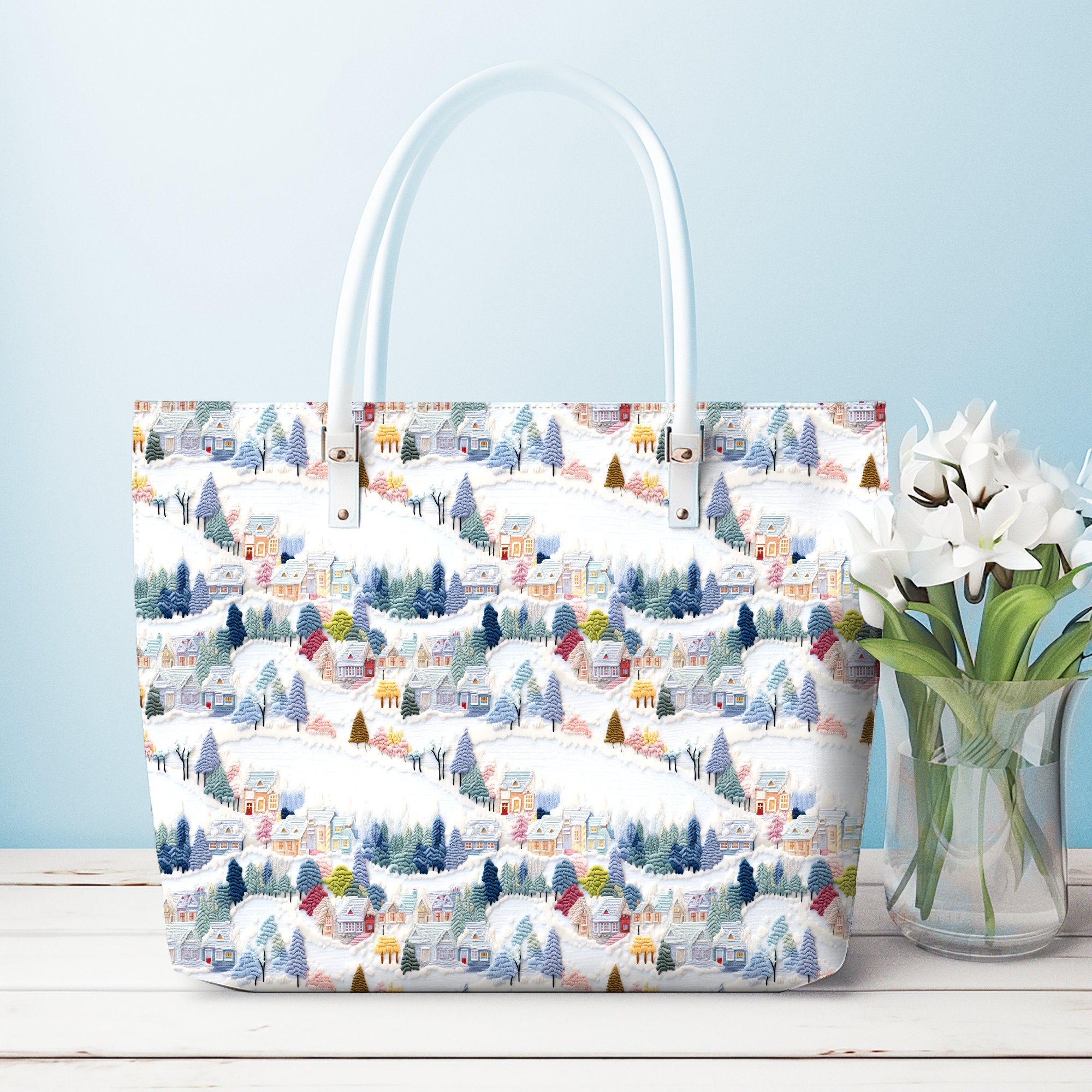 Snowy Holiday Village Seamless Pattern, Christmas Faux Embroidery ...