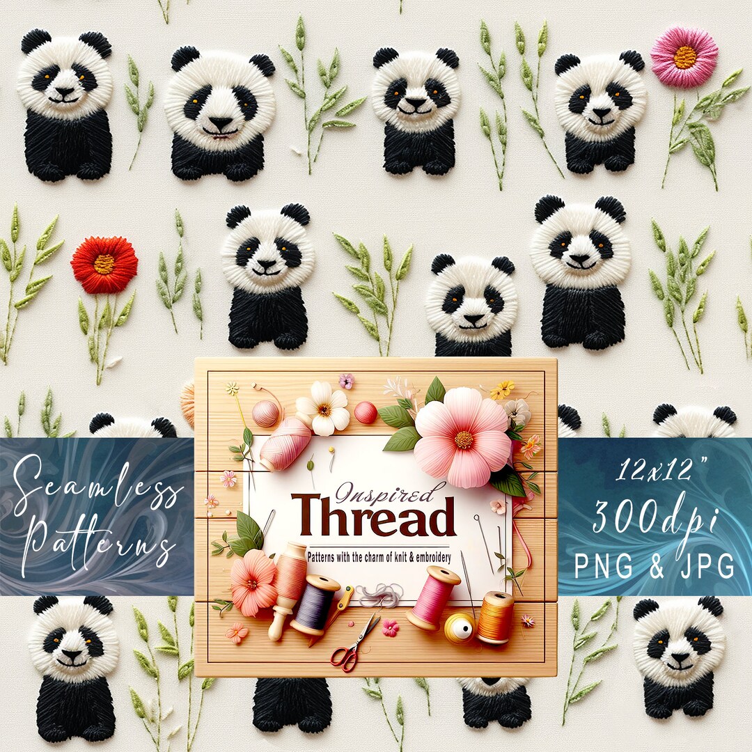 Instant Download, Panda Faux Embroidery, Seamless Pattern, Digital ...