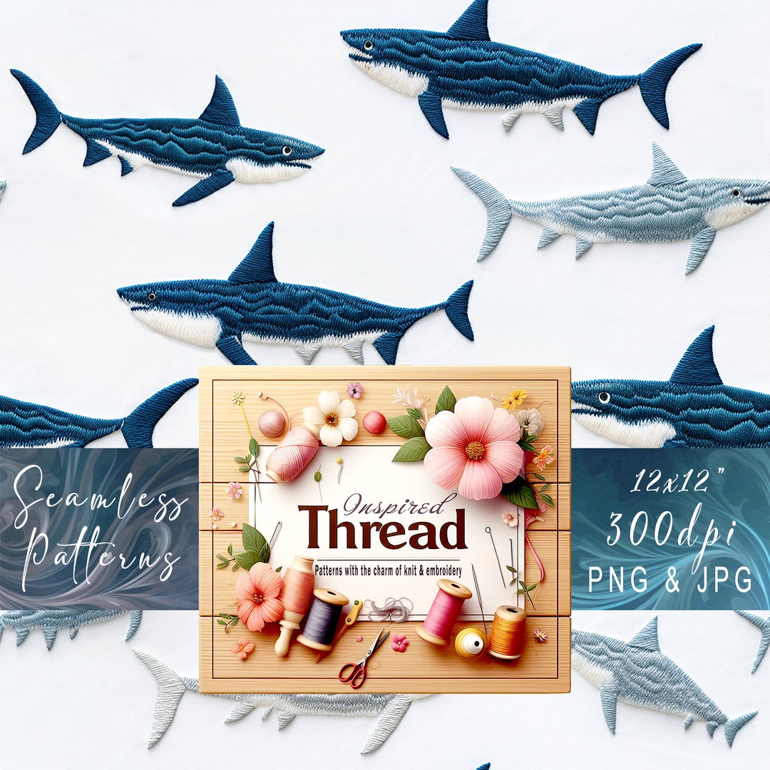 Instant Download, Shark Faux Embroidery, Seamless Pattern, Digital ...