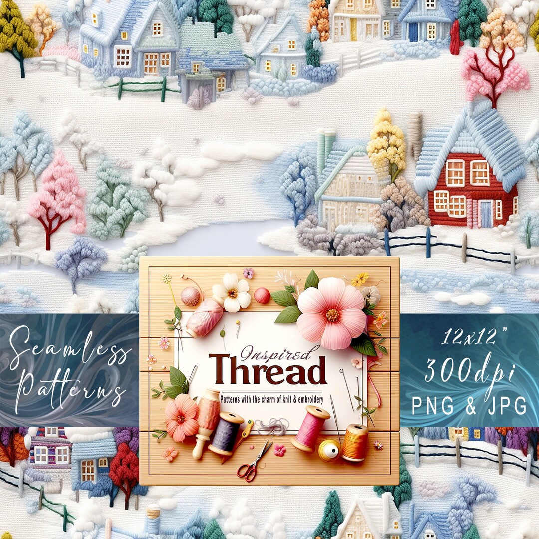 Christmas Snowy Village Seamless Pattern, Christmas Faux Embroidery ...