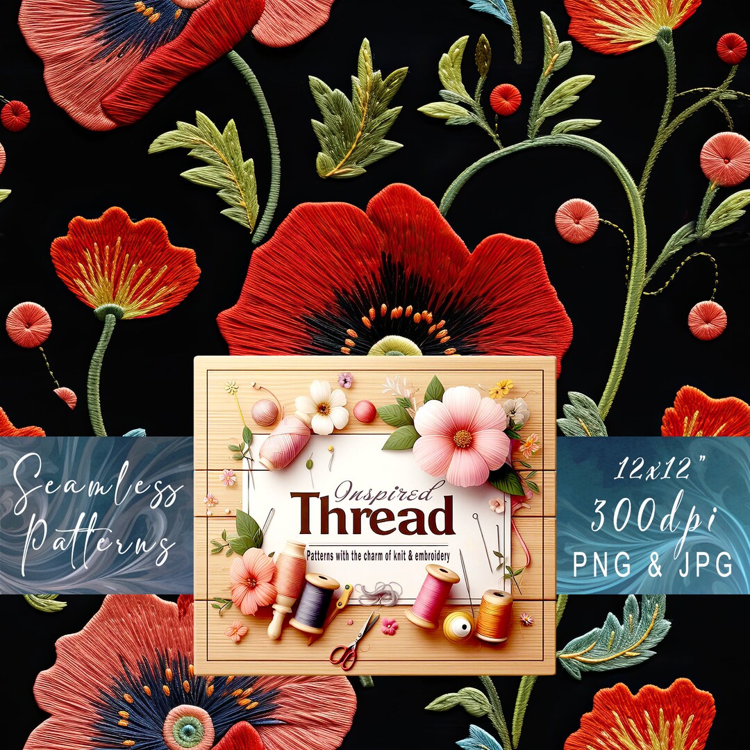 Red Poppy Embroidery Seamless Digital Pattern, Instant Download, Floral ...