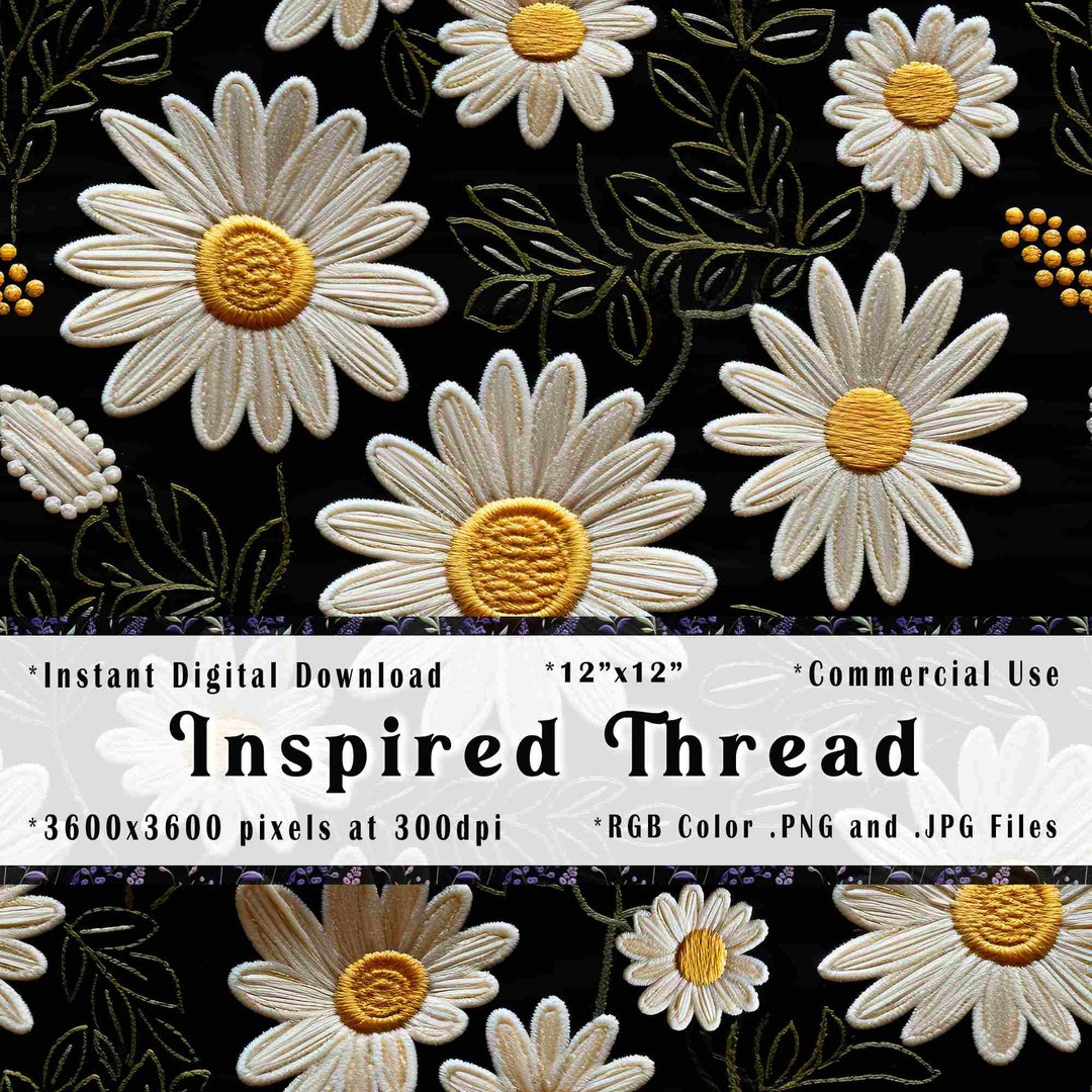 White & Gold Daisy Embroidery Seamless Digital Pattern - Etsy