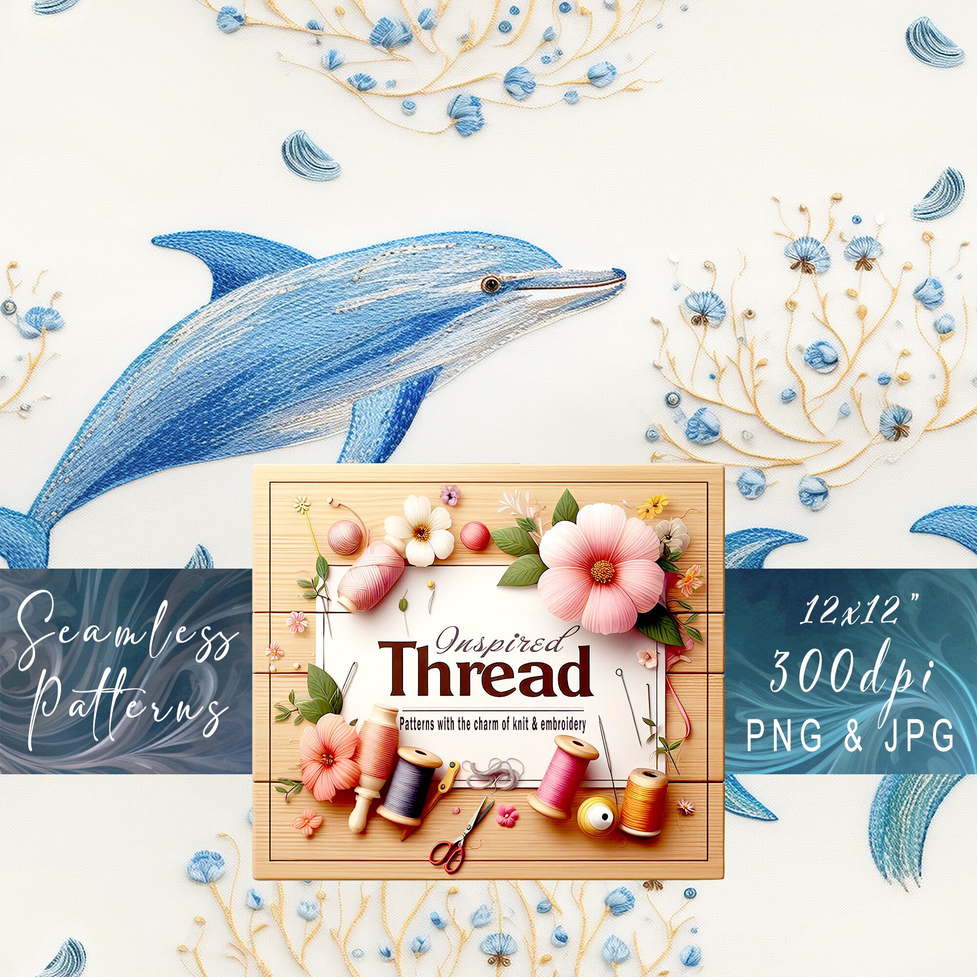 Instant Download, Dolphin Faux Embroidery, Seamless Pattern, Digital Design, Commercial ...