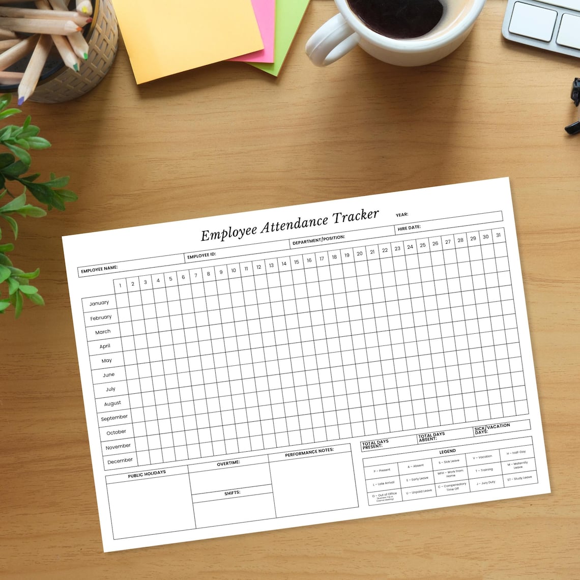 Yearly Employee Attendance Tracker | Printable PDF Template ...