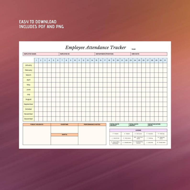 Yearly Employee Attendance Tracker: Printable HR Log (PDF Template) - Etsy
