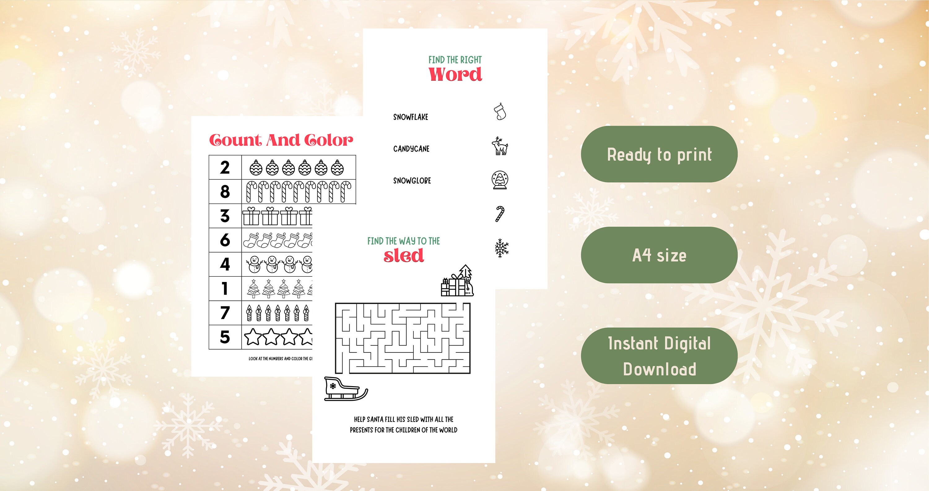 Christmas Worksheet Coloring Pages Holiday Themed - Etsy
