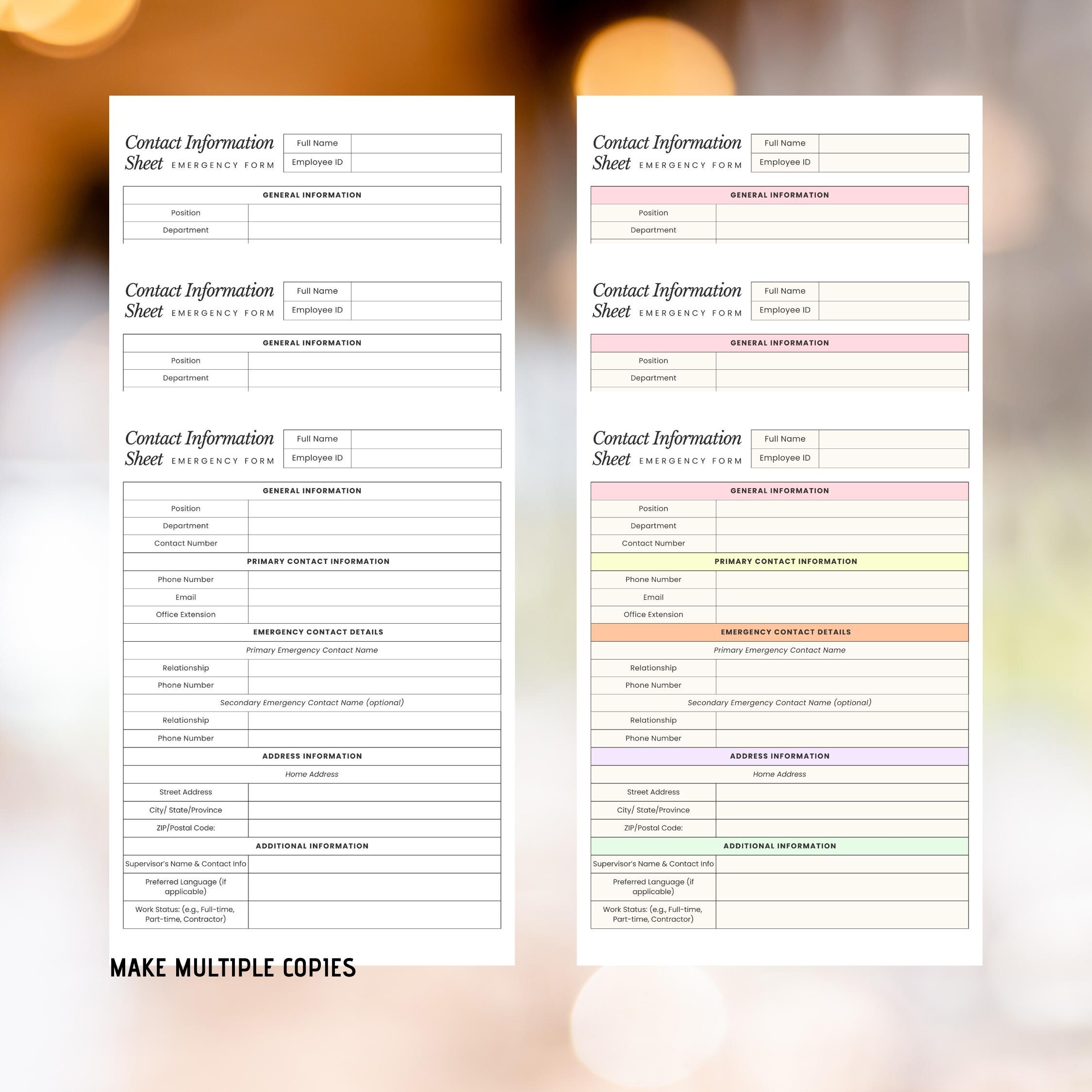 Employee Contact Information Sheet: Printable HR Form (PDF) - Etsy