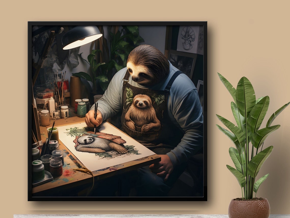 Sloth Artist Wall Art Printable Sloth Art Print Unique Painter Wall Art ...