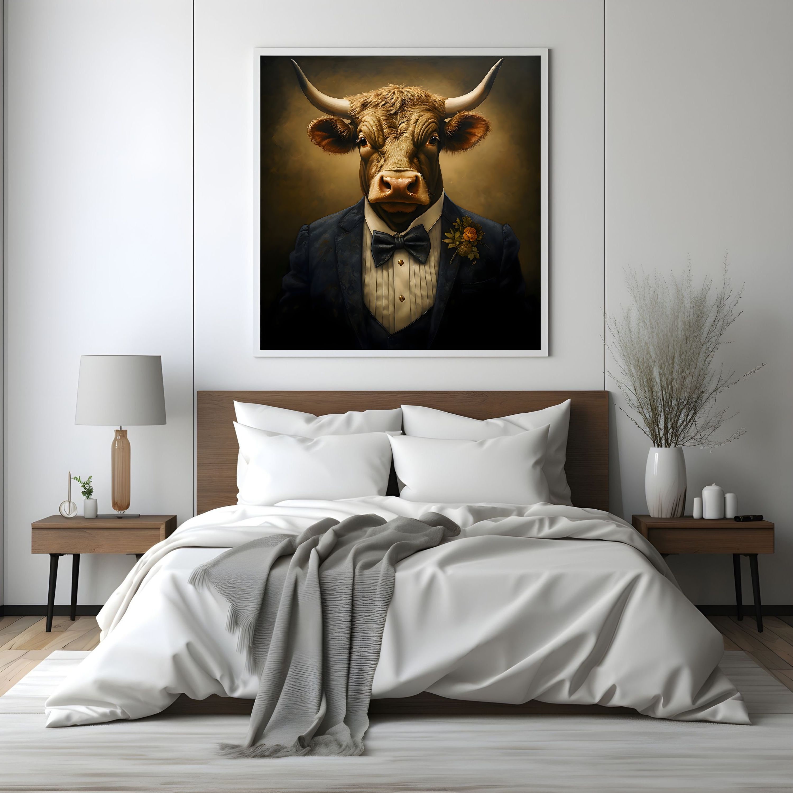Bull Art, Printable Bull Wall Art Print, Dapper Bull Gifts, Fancy Bull ...