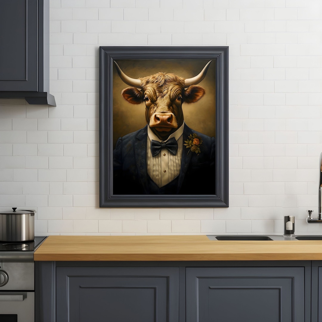 Bull Art, Printable Bull Wall Art Print, Dapper Bull Gifts, Fancy Bull ...