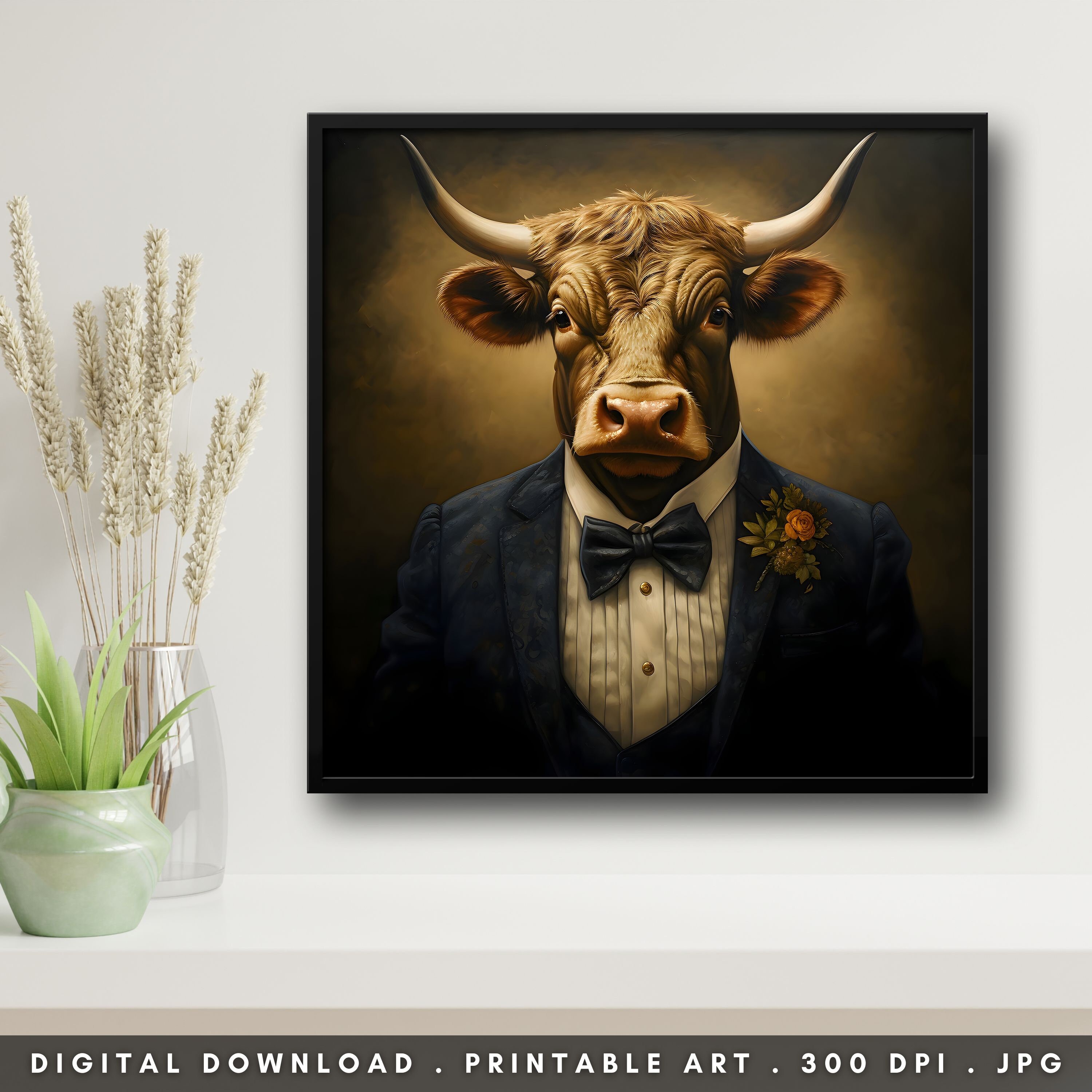 Bull Art, Printable Bull Wall Art Print, Dapper Bull Gifts, Fancy Bull ...