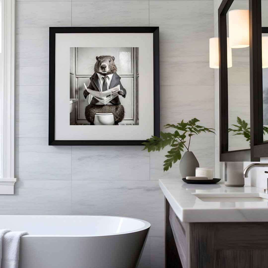 Beaver Sitting on the Toilet Reading the Newspaper Wall Art, Printable ...
