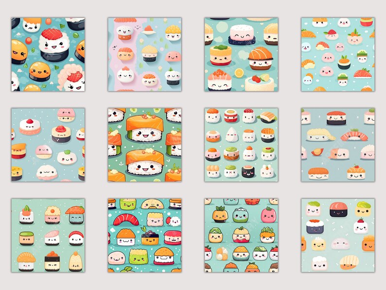 Kawaii Sushi Patterns Sushi Inspired Seamless Patterns Digital Paper ...