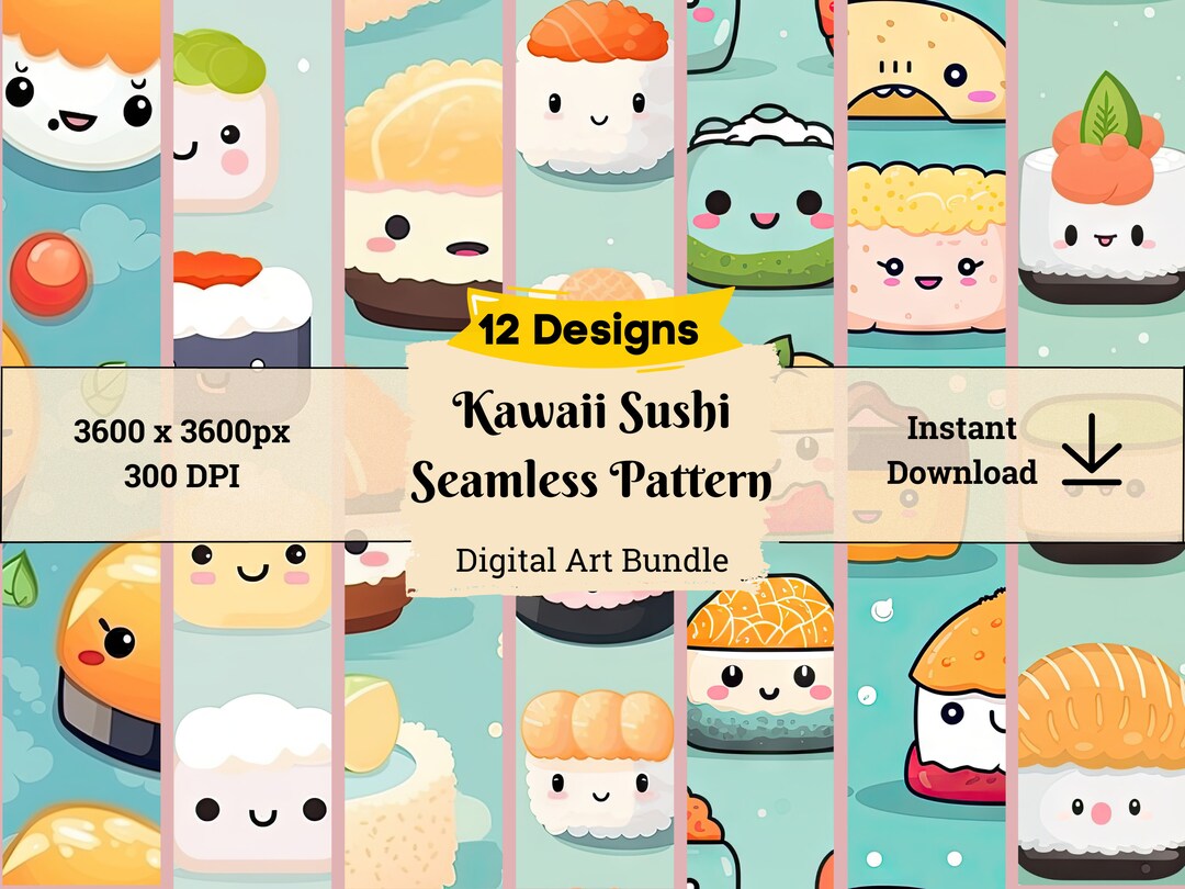 Kawaii Sushi Patterns Sushi Inspired Seamless Patterns Digital Paper ...