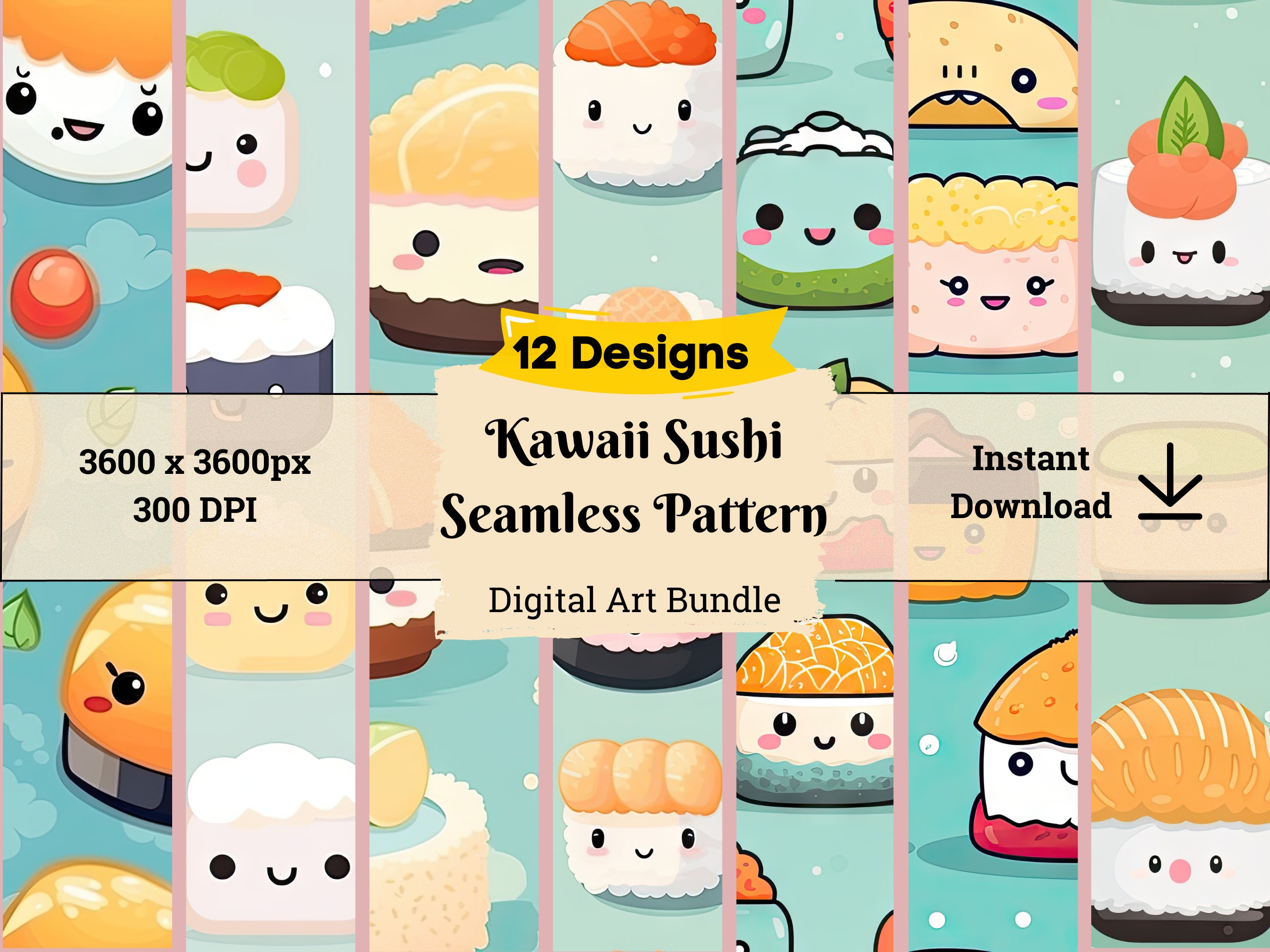 Kawaii Sushi Patterns Sushi Inspired Seamless Patterns Digital Paper ...