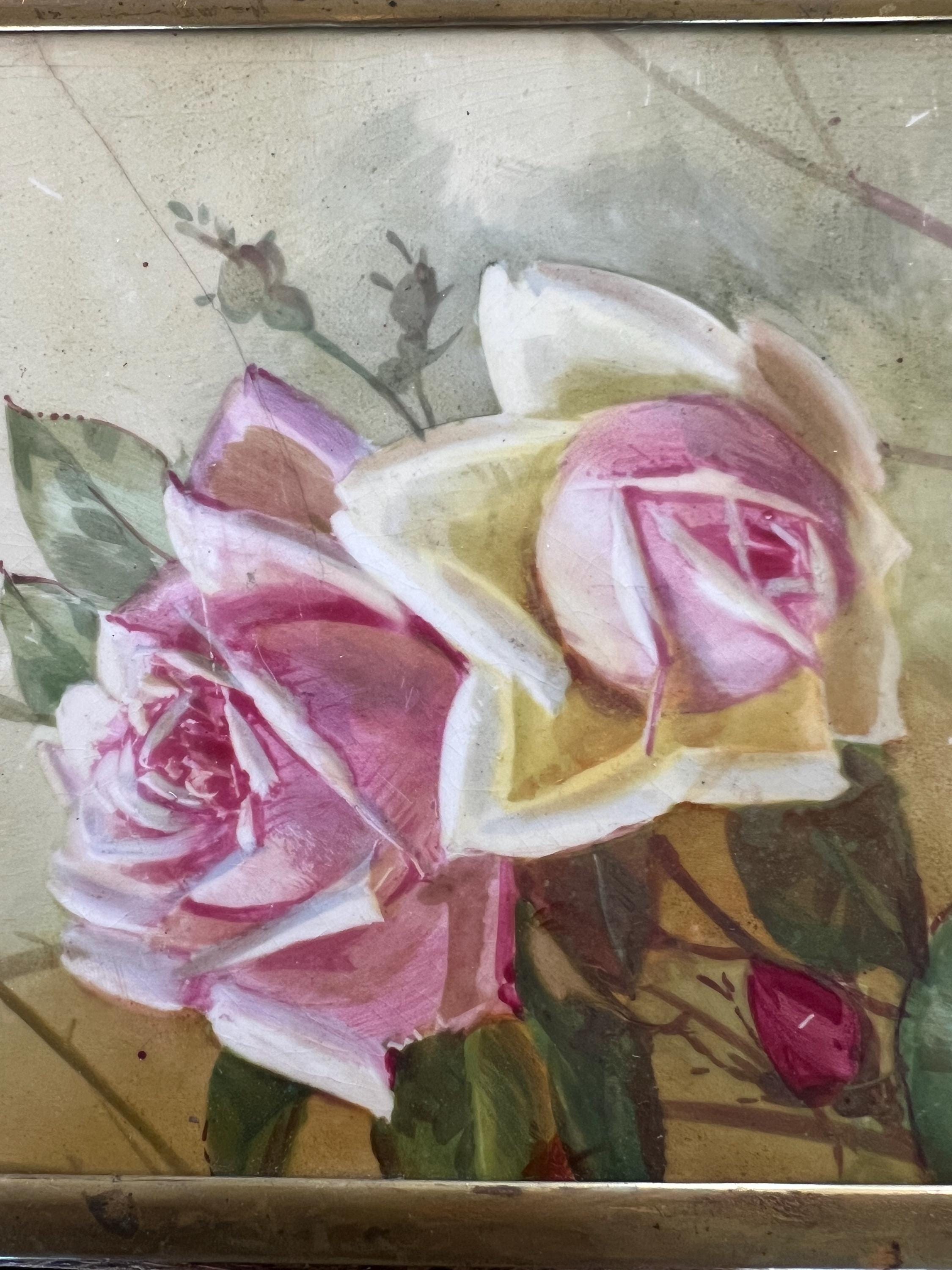 Hand Painted Roses Porcelain Tile Encased in Brass - Etsy