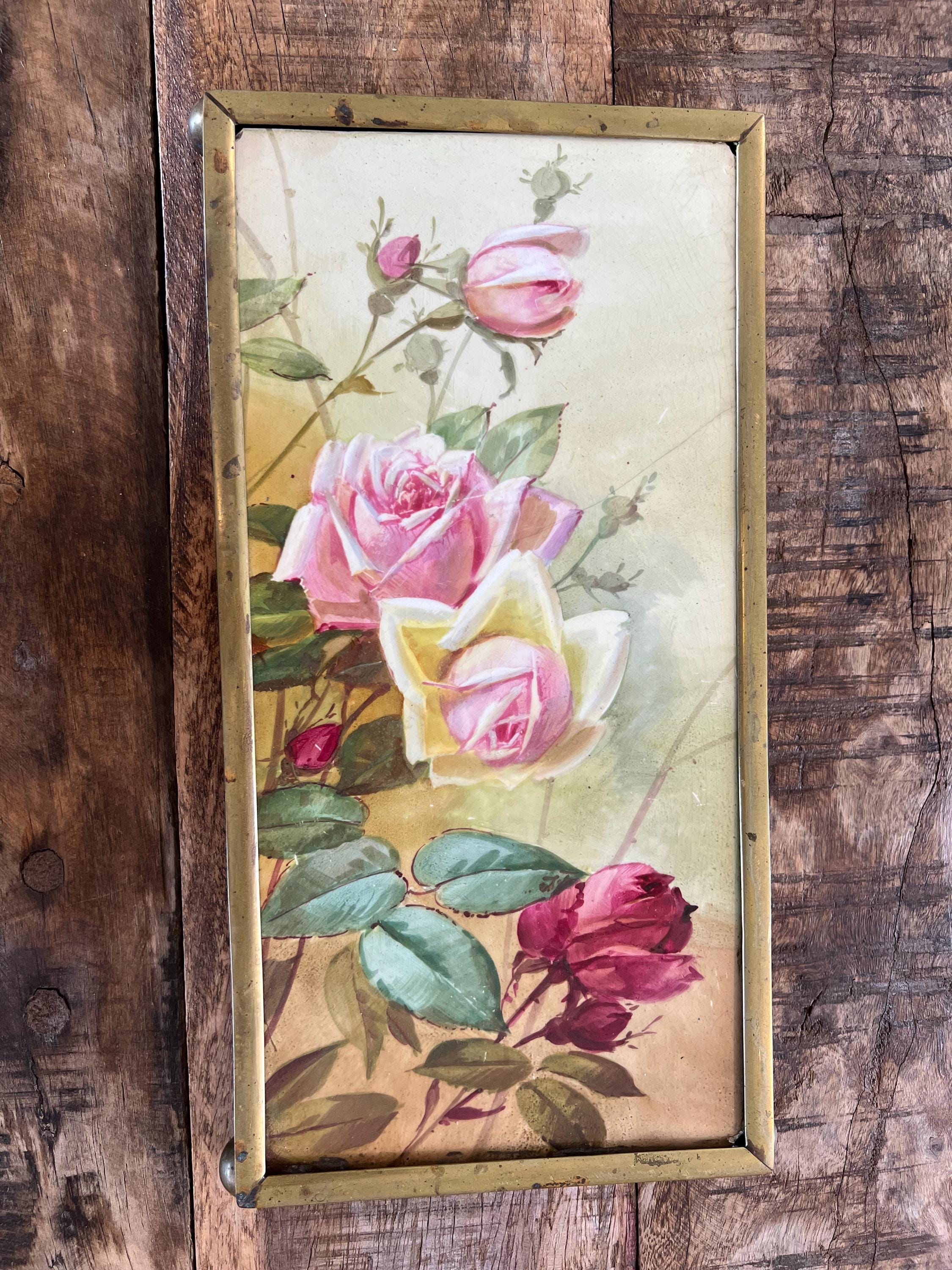 Hand Painted Roses Porcelain Tile Encased in Brass - Etsy
