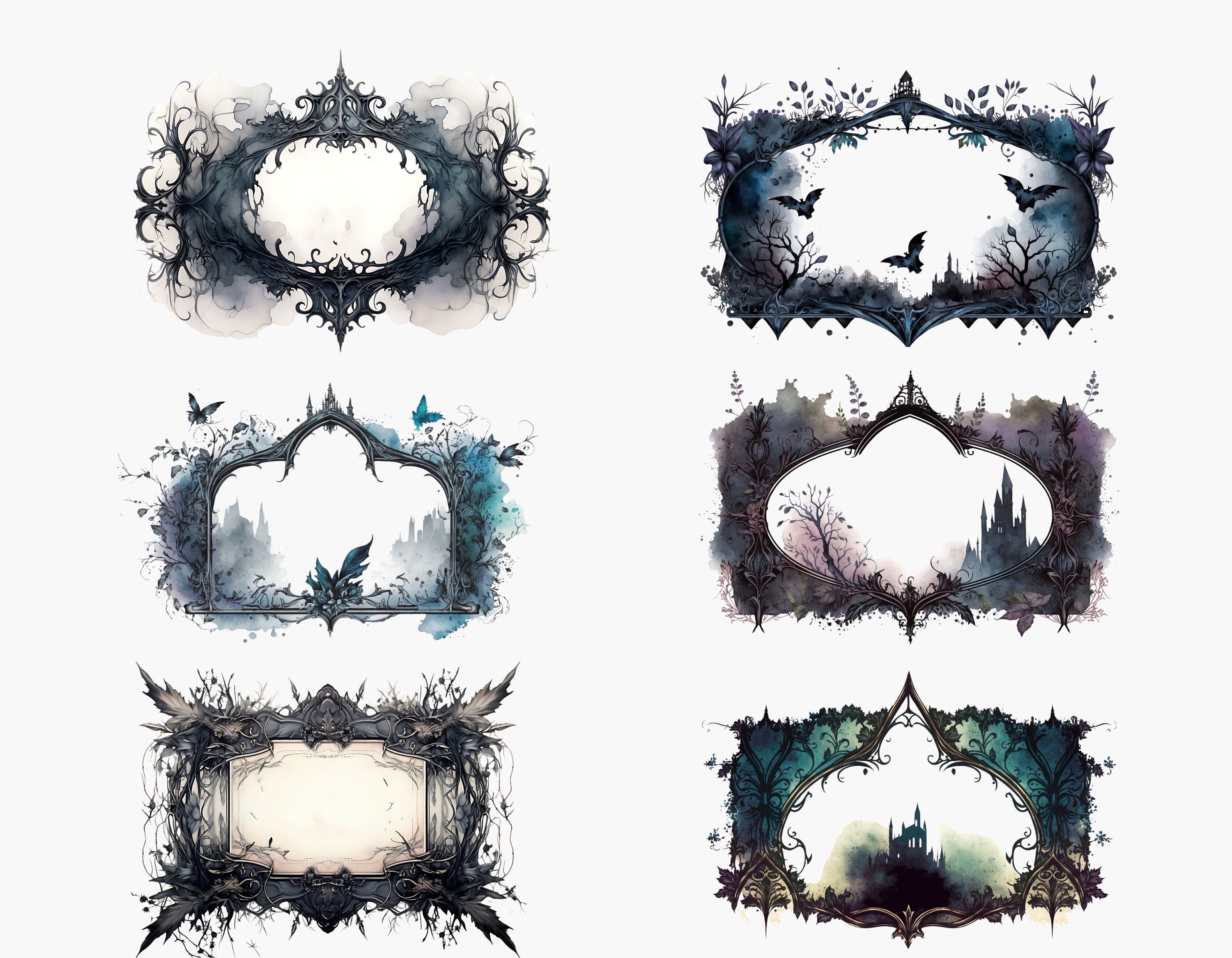 42 Watercolor Gothic HORIZONTAL Frames Clipart Dark Fantasy Watercolor ...