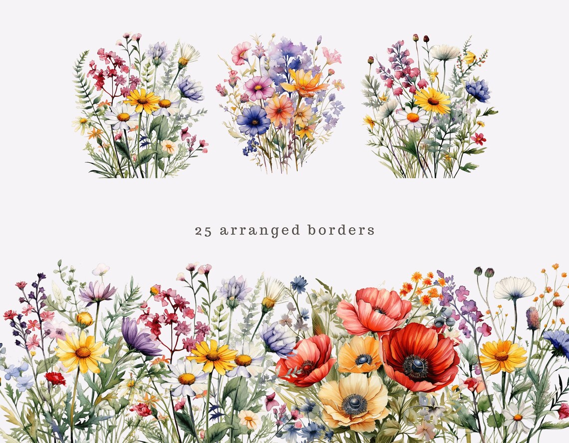 Watercolor Wildflower Borders Clipart | Premade PNG Floral Design - Etsy
