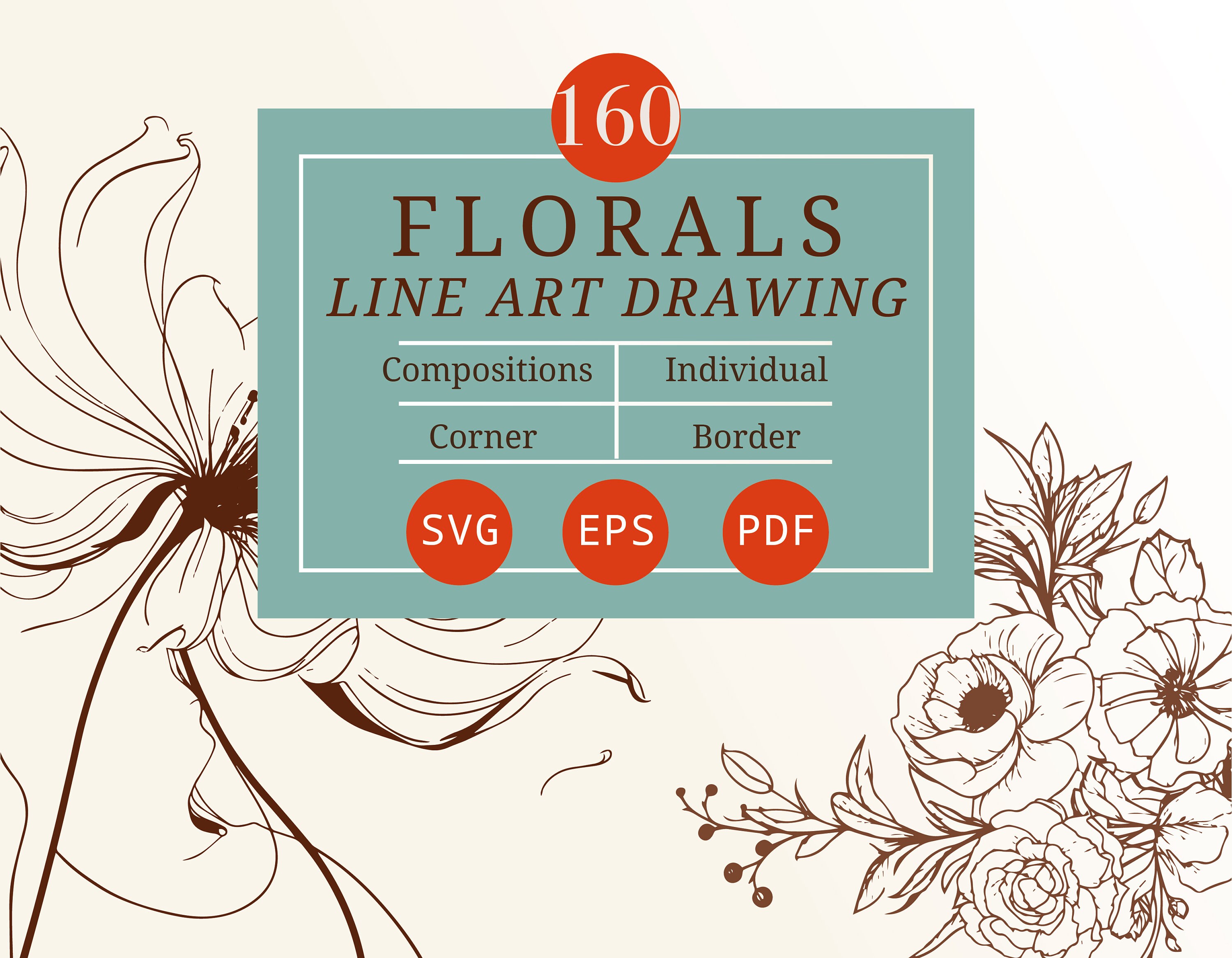 160 Floral Sketch Line Art SVG Bundle | Hand-drawn Flowers | Wedding ...