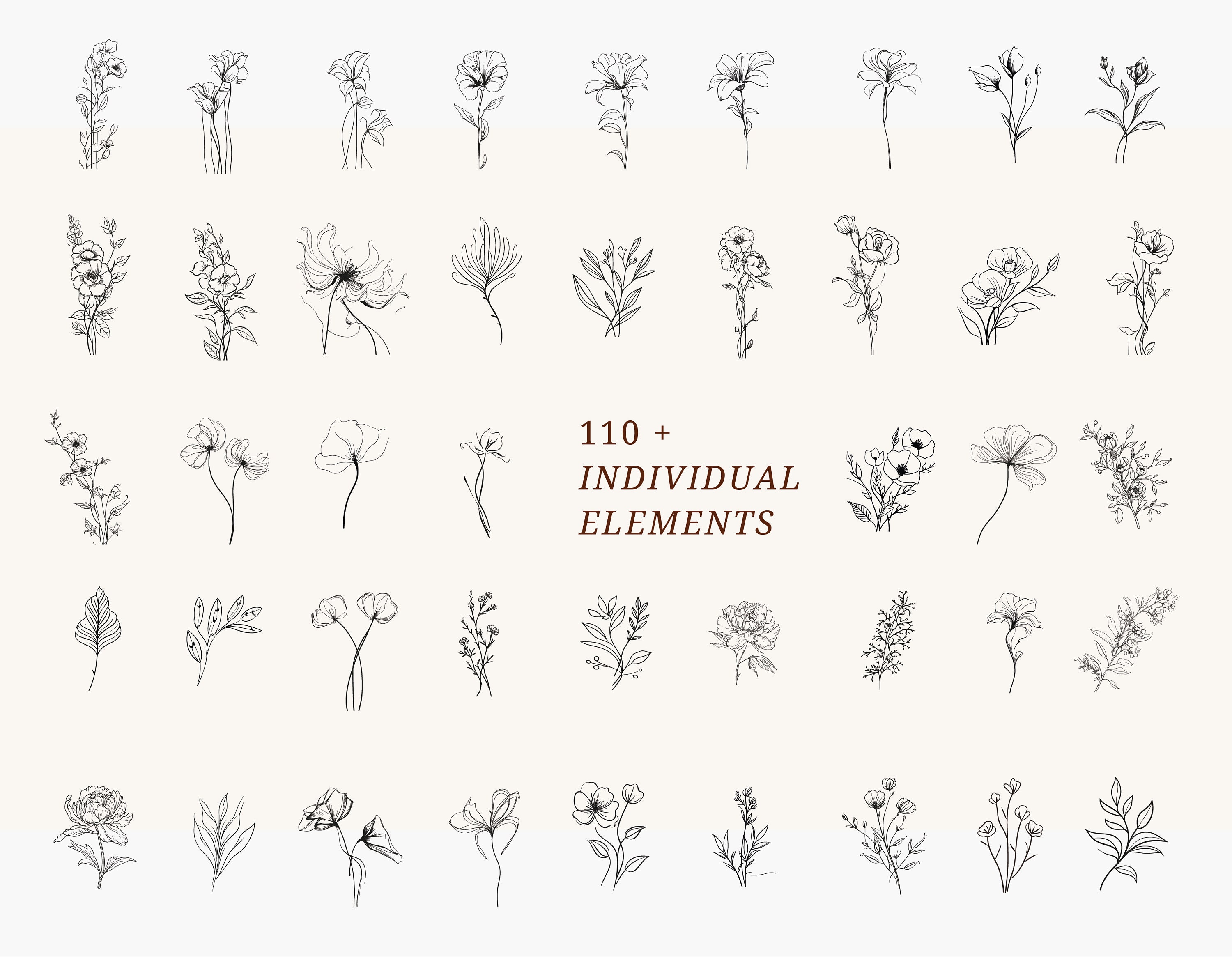160 Floral Sketch Line Art SVG Bundle | Hand-drawn Flowers | Wedding ...