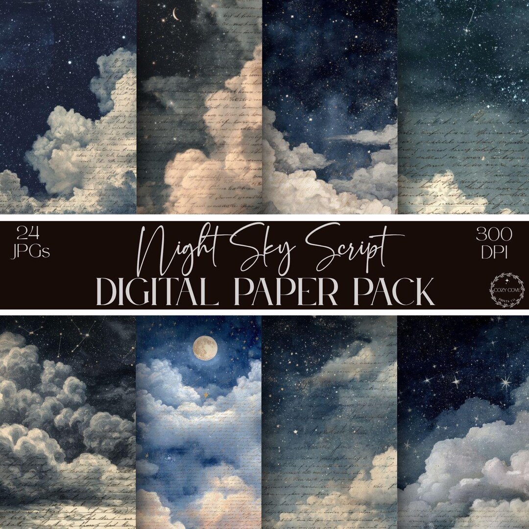 Celestial Night Sky Digital Papers: Moody Cloud Ephemera Scrapbook ...