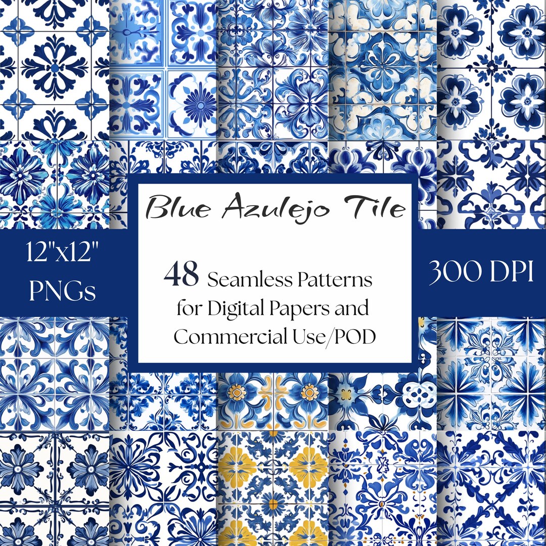 Blue Mediterranean Tile Digital Pattern Pack - 48 Seamless Patterns for ...