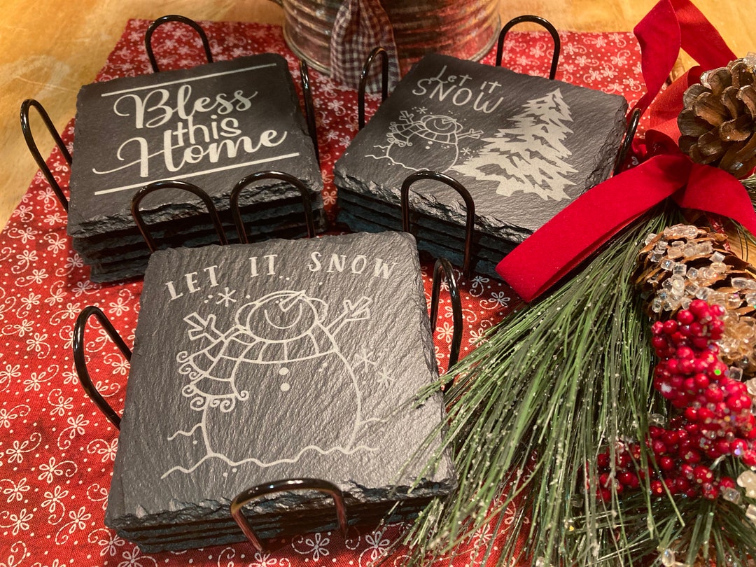 4 Custom Engraved Slate Coasters; Custom Seasonal Coasters W/ Holder ...