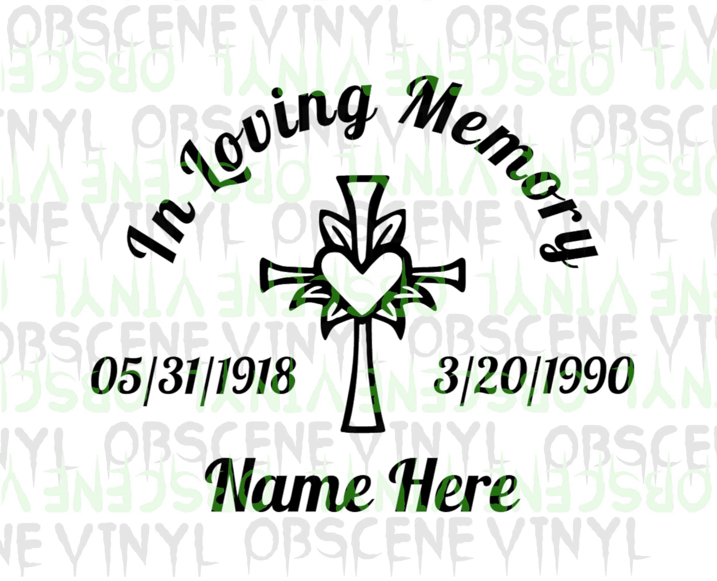 In Loving Memory Memorial Cross and Heart Name and Dates Decal Car ...