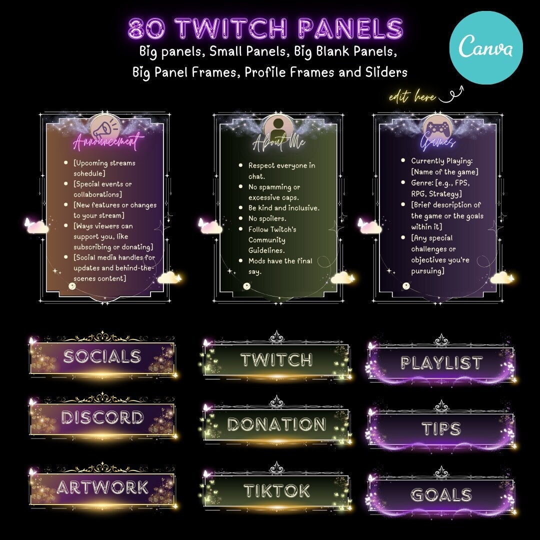 Purple Twitch Panels Customizable Canva Glowing Celestial Design ...