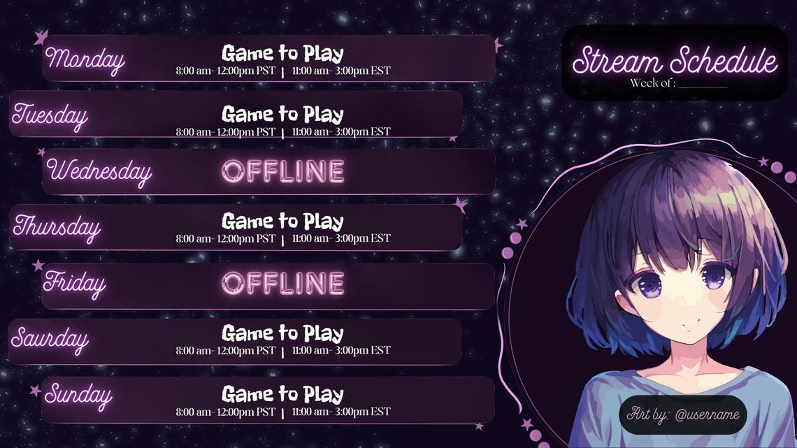Starry Purple Stream Schedule Vtuber Asset Weekly Planner Twitch ...