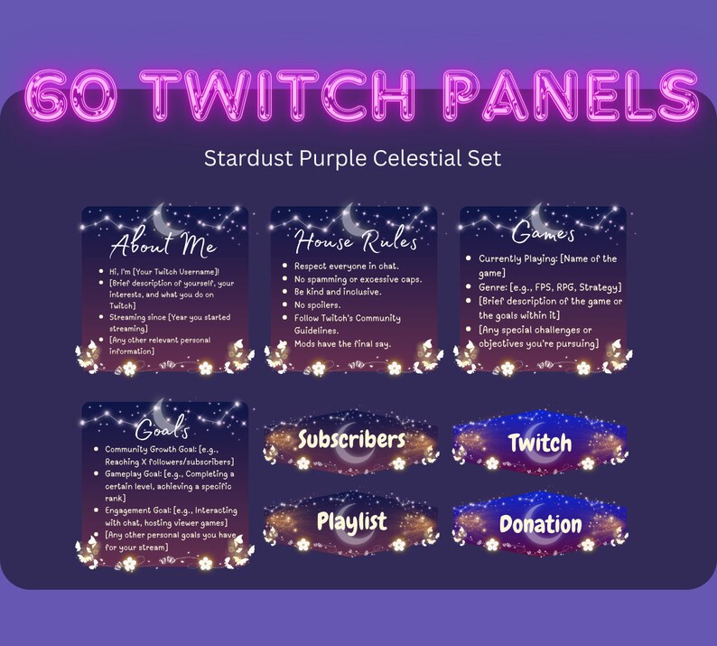 Purple Stardust Celestial Twitch Panels Customizable Canva Glowing Butterfly Aesthetics Stream ...