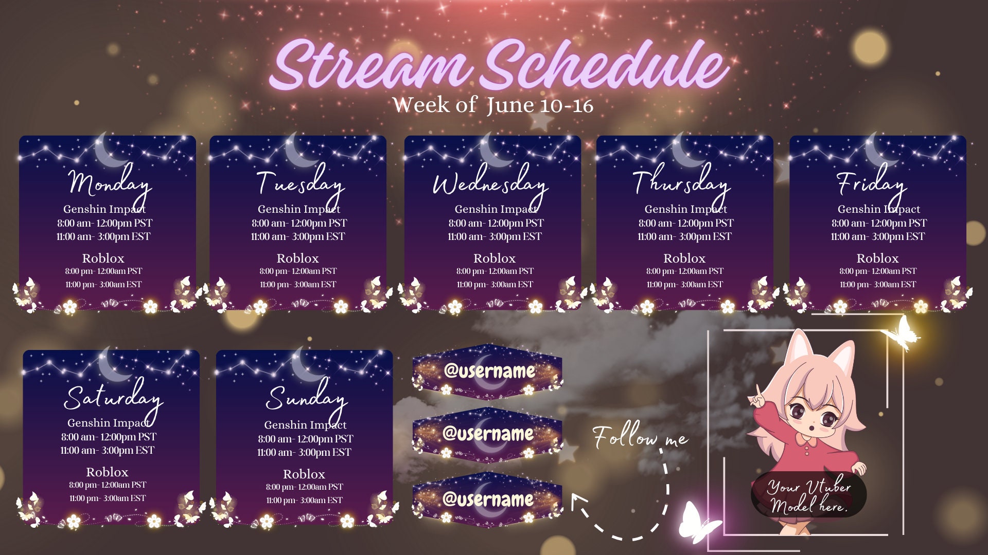 Stream Schedule Twitch Stream Asset Vtuber Stream Stardust Celestial Schedule Butterfly Canva ...
