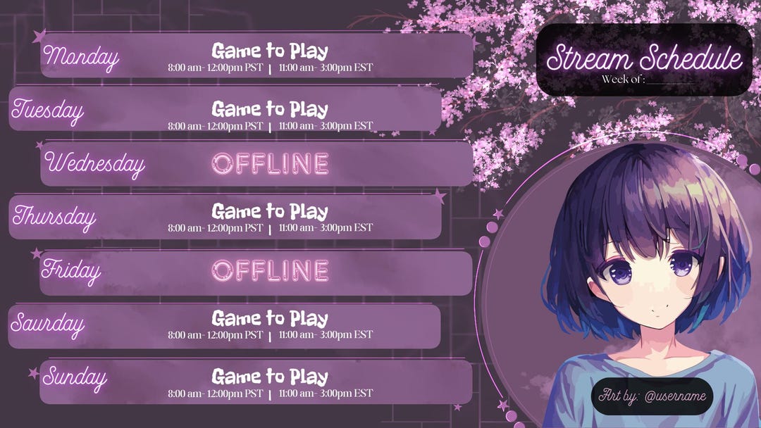 Stream Schedule Vtuber Asset Weekly Twitch Layout Live Stream Planner Info Twitch Panel Purple ...