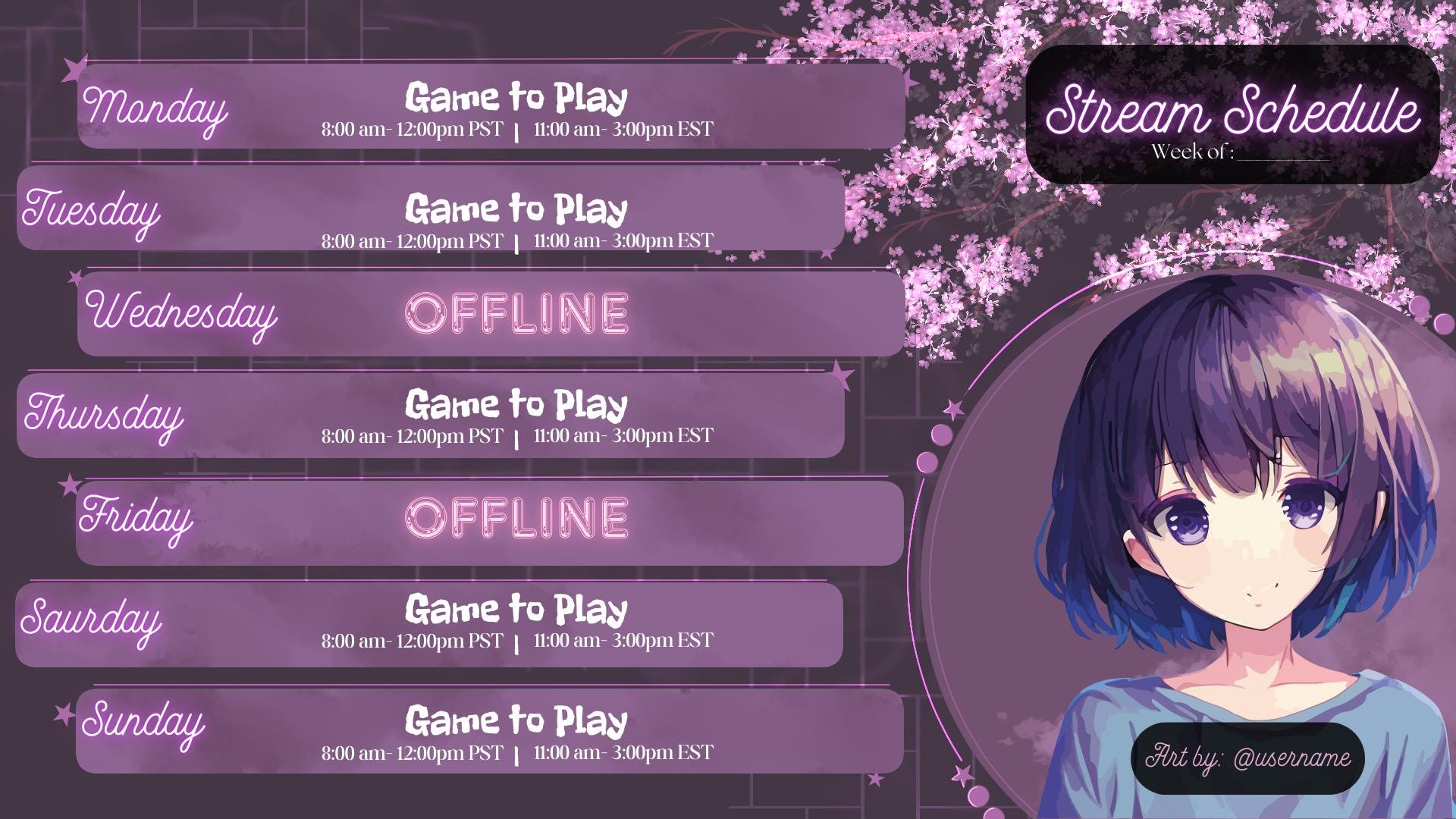Stream Schedule Vtuber Asset Weekly Twitch Layout Live Stream Planner ...